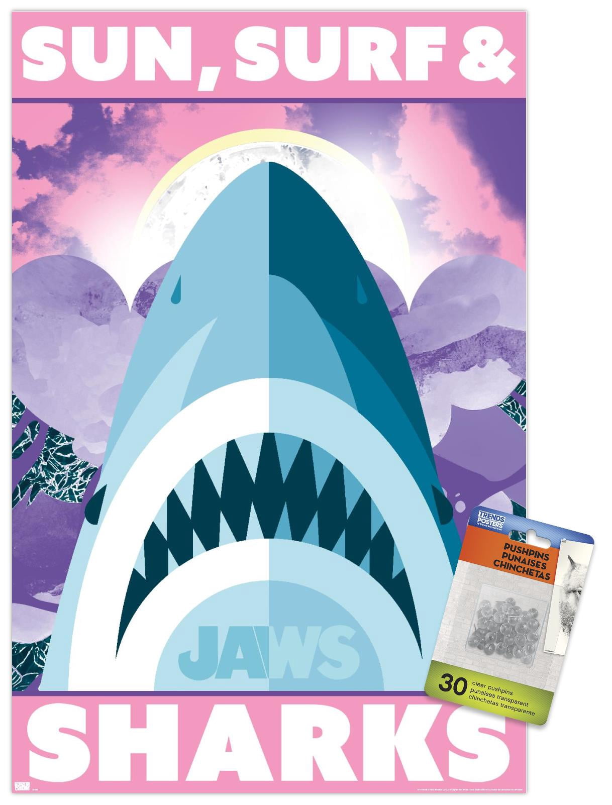 Jaws - Sun, Surf & Sharks Wall Poster with Push Pins, 14.725" x 22.375 ...
