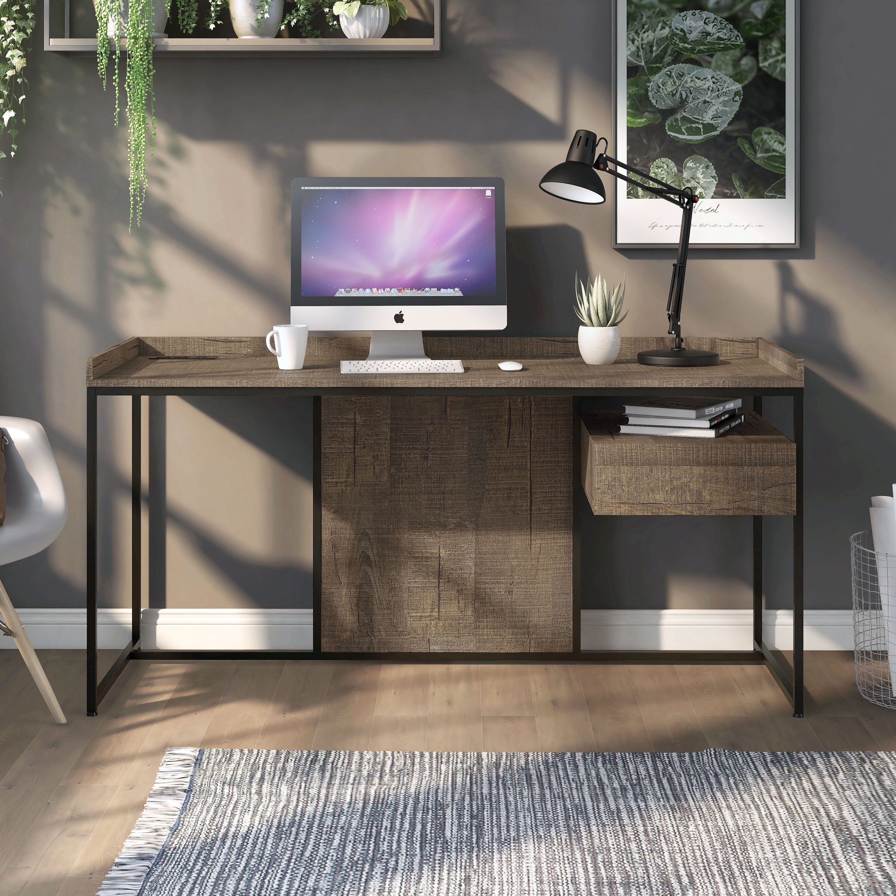 Jaxon 1-Drawer Wood Writing Desk with USB Ports, Matte Black and Rustic ...