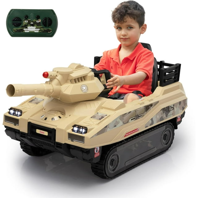Jaxpety 24 V Kids Ride on Tank Car with Working Cannon and Rotating ...