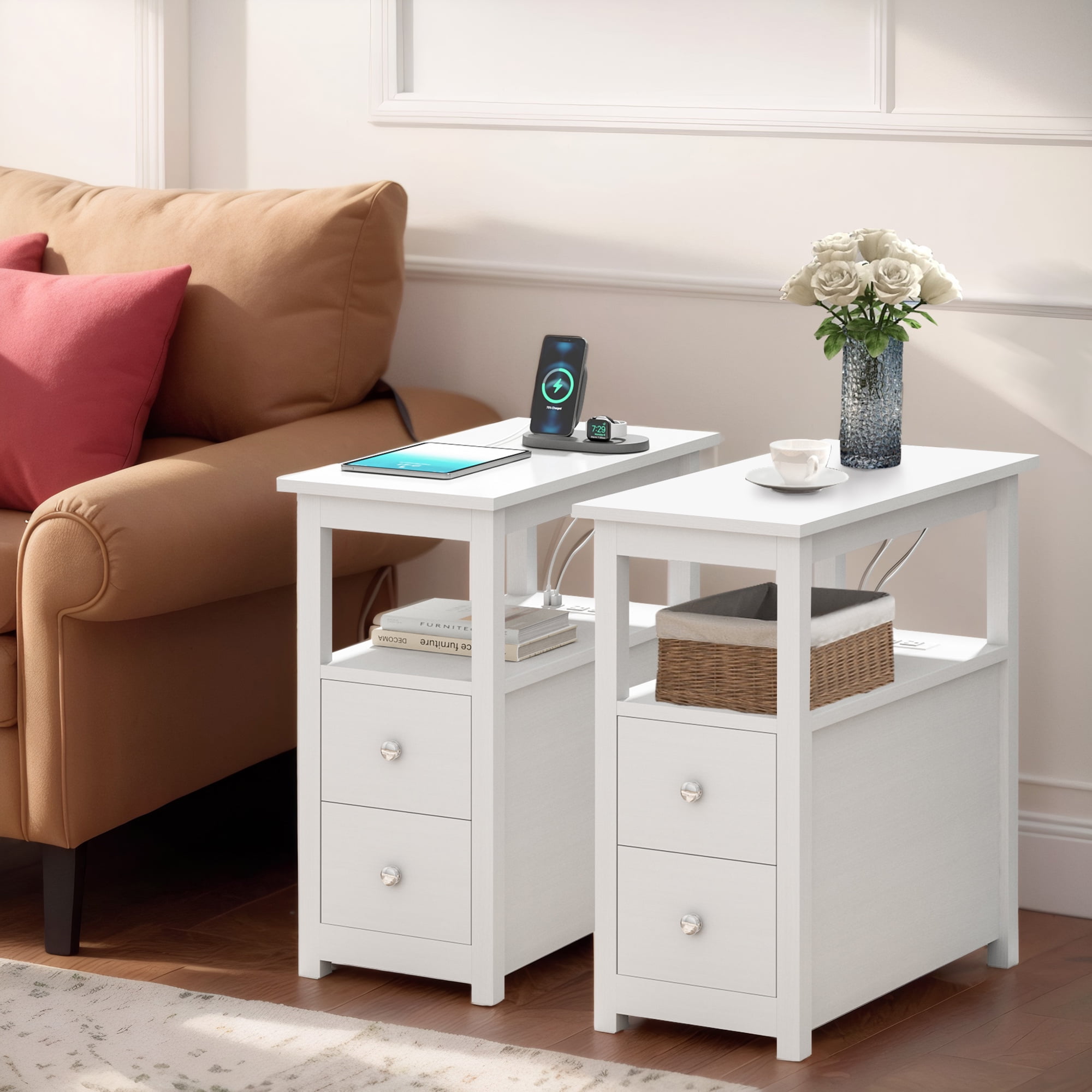 Jaxpety 4-Tier Slim Bedside Furniture, End Table with Charging Station ...