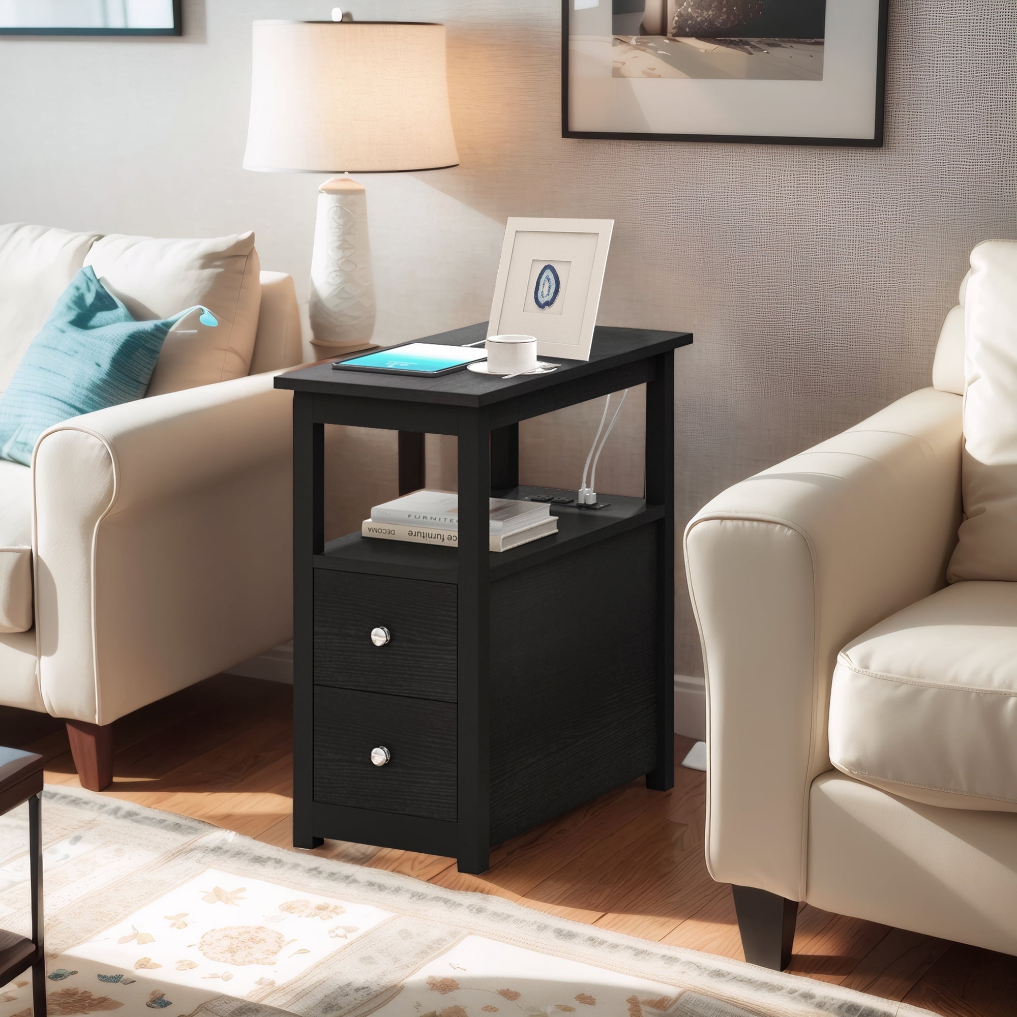 Jaxpety 4-Tier End Table with Charging Station, Compact Side Table with ...