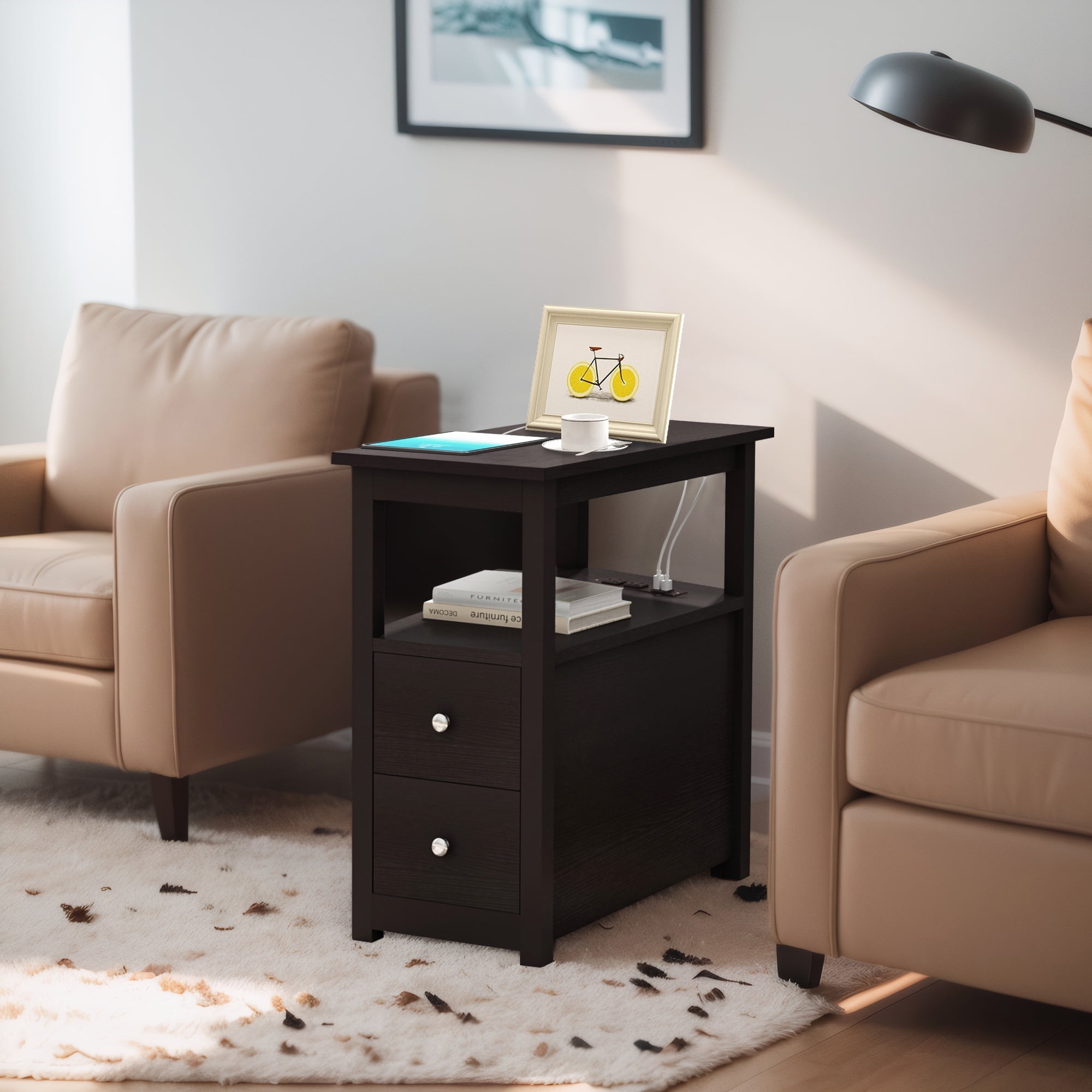 Jaxpety 4-Tier Bedside Shelves, Simple Narrow End Table with Charging ...