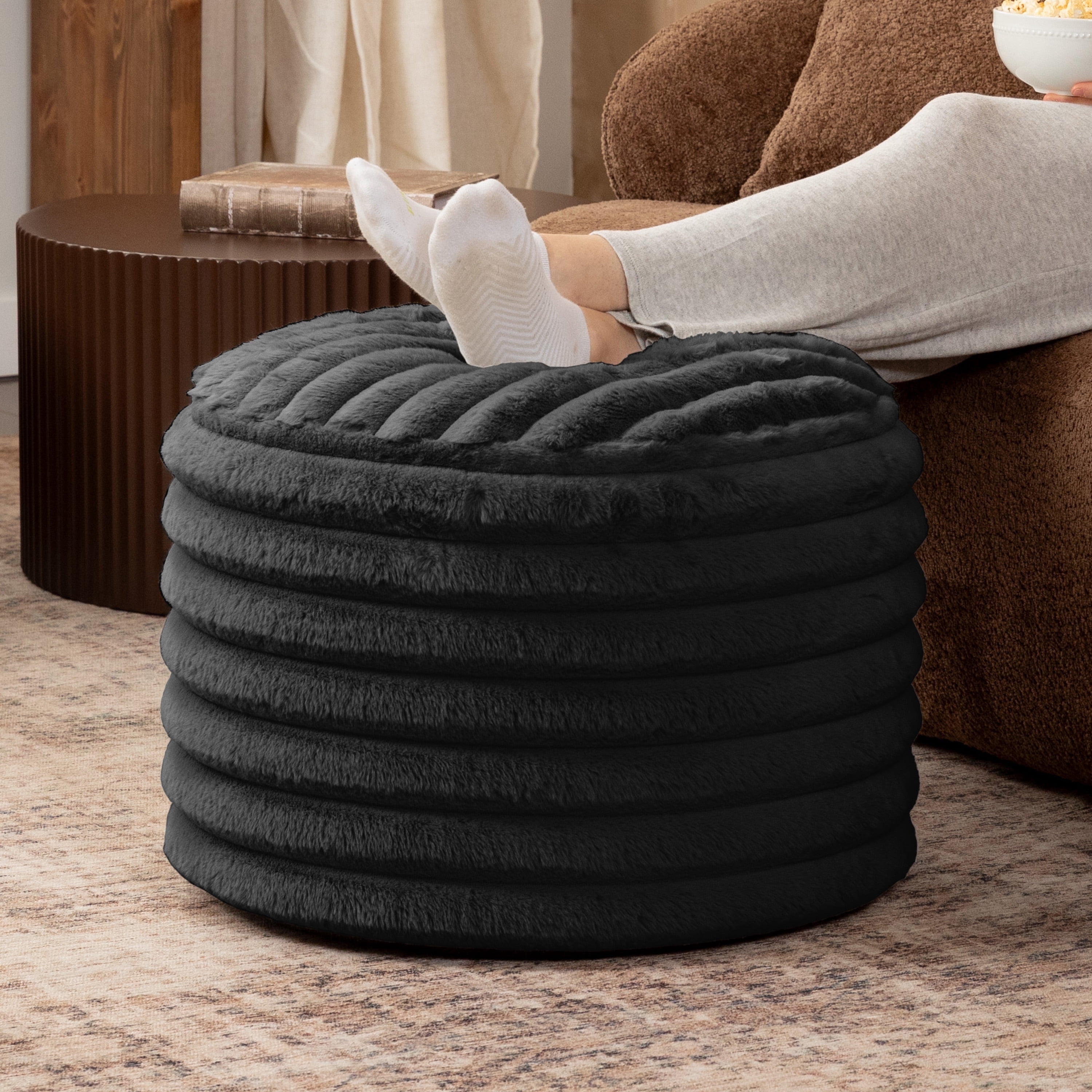 Jaxx Paran Pouf Ottoman, Small, Faux Fur, Modern Accent, Black ...