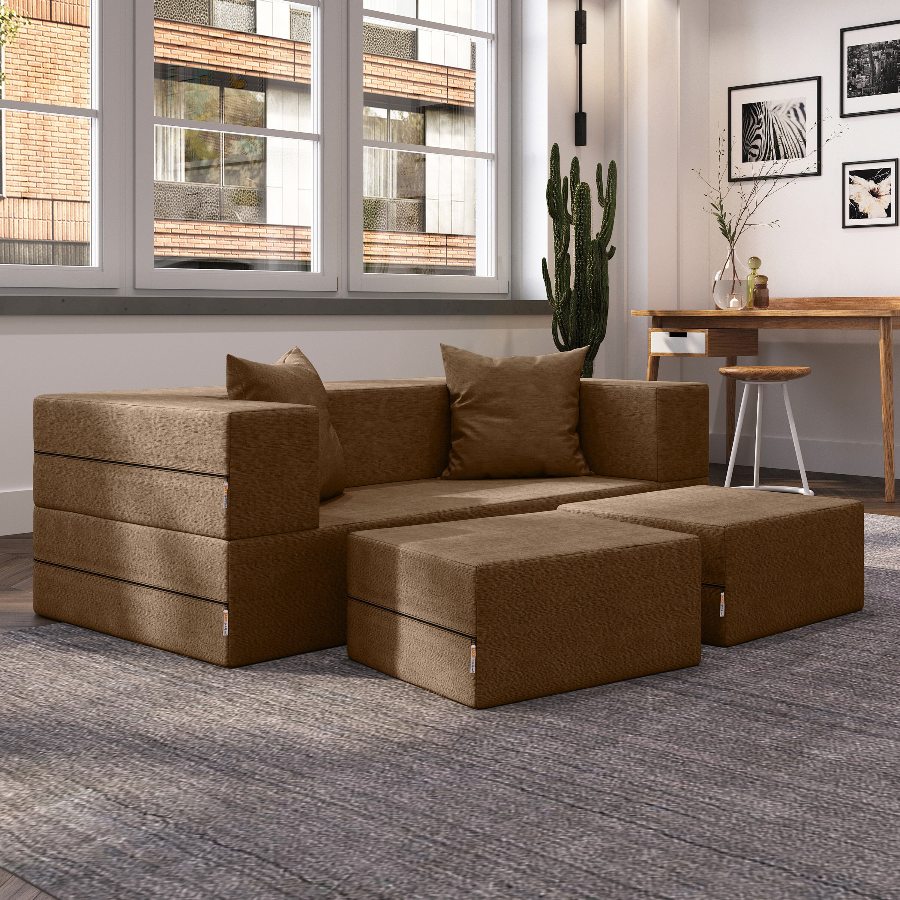 Jaxx Zipline Convertible Sleeper Loveseat & Ottomans, Textured ...