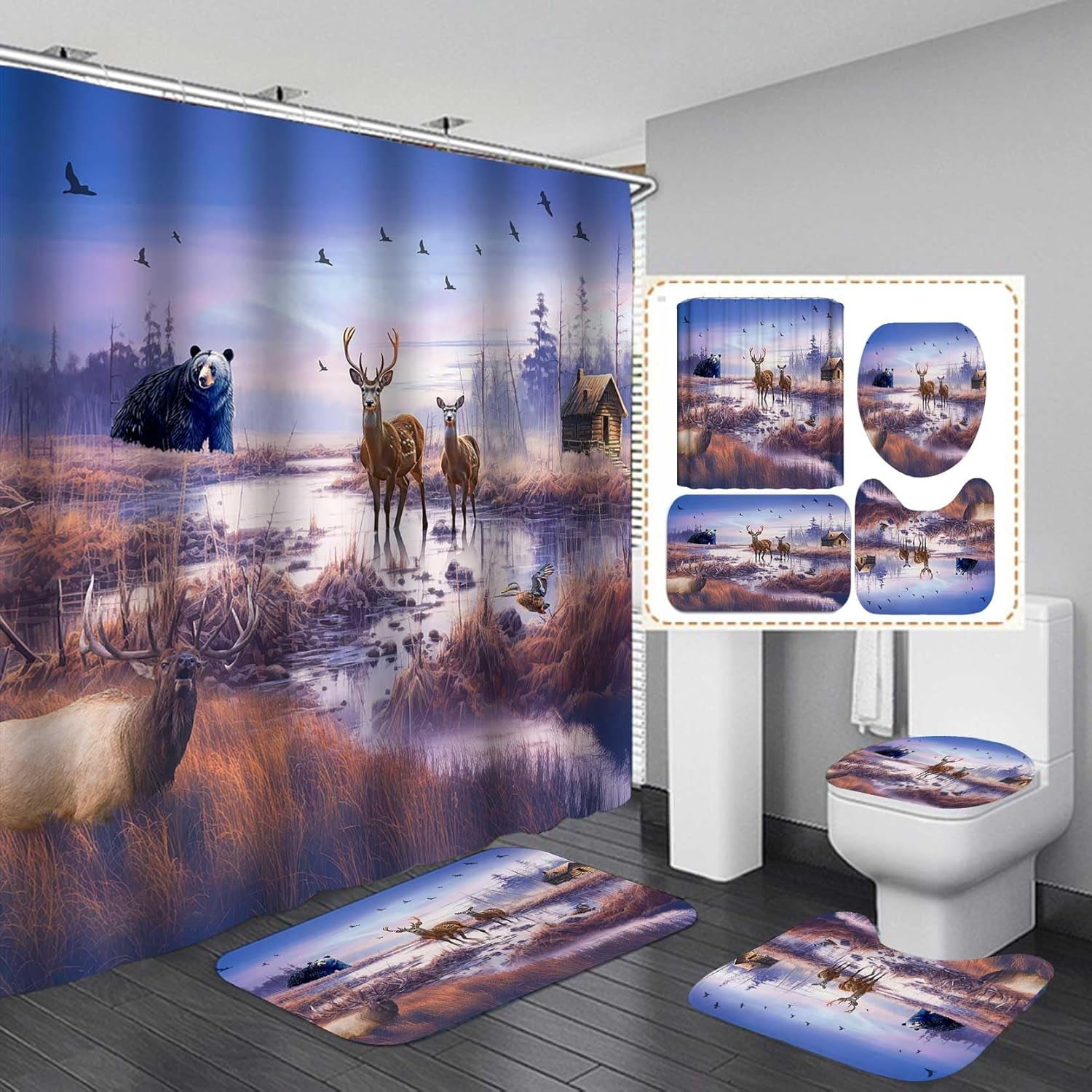 Jayden Madge 4PCS Black Bear Shower Curtain Set, Country Mountain River Pine Tree Forest Mallard ...