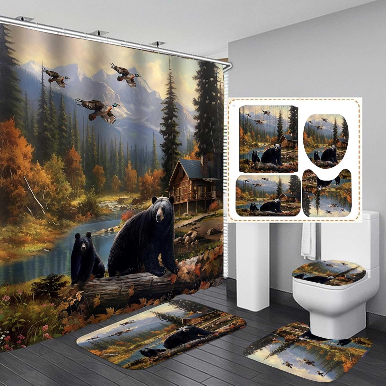 Jayden Madge 4PCS Black Bear Shower Curtain Set, Country Mountain River ...