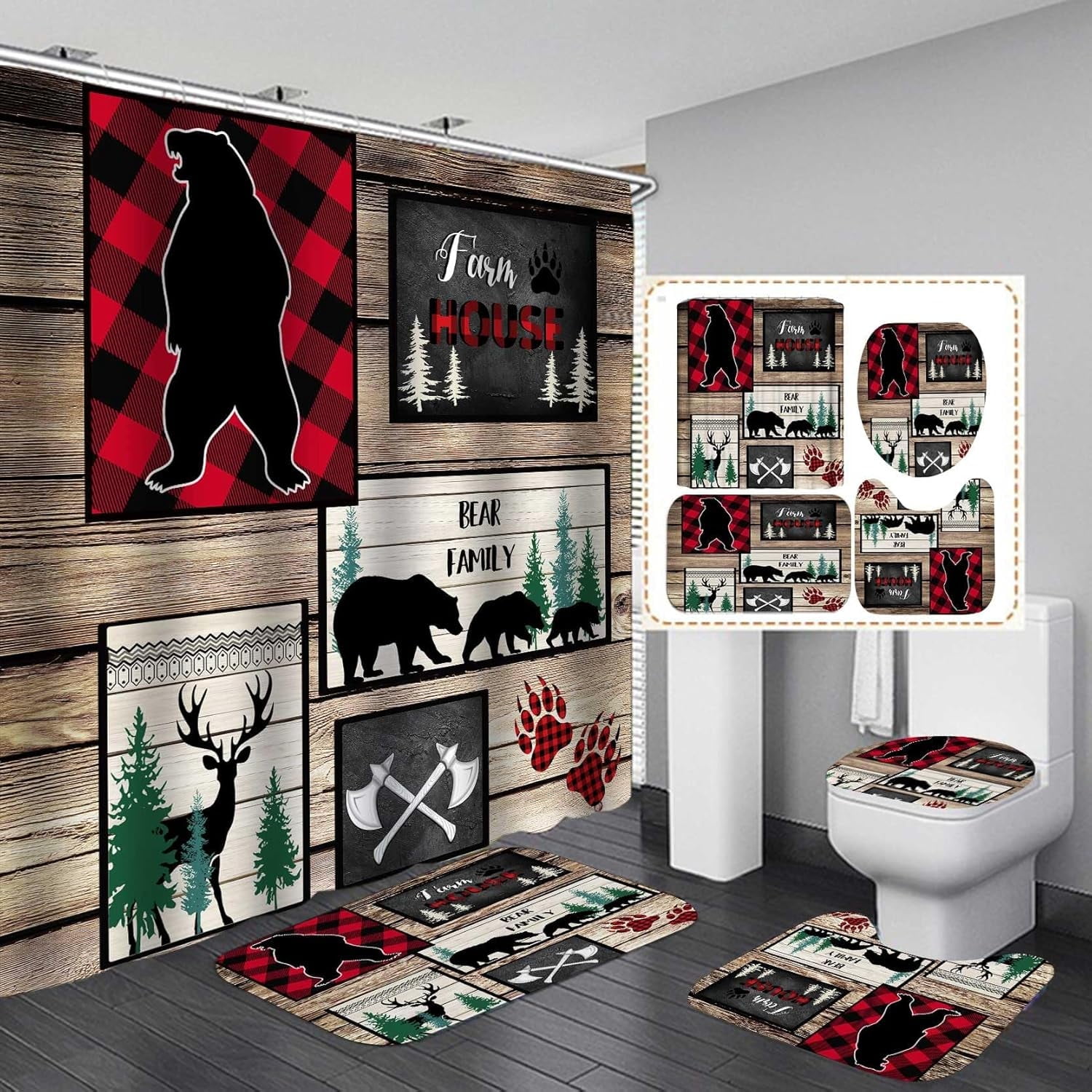 Jayden Madge 4PCS Black Bear Shower Curtain Set, Country Mountain River ...