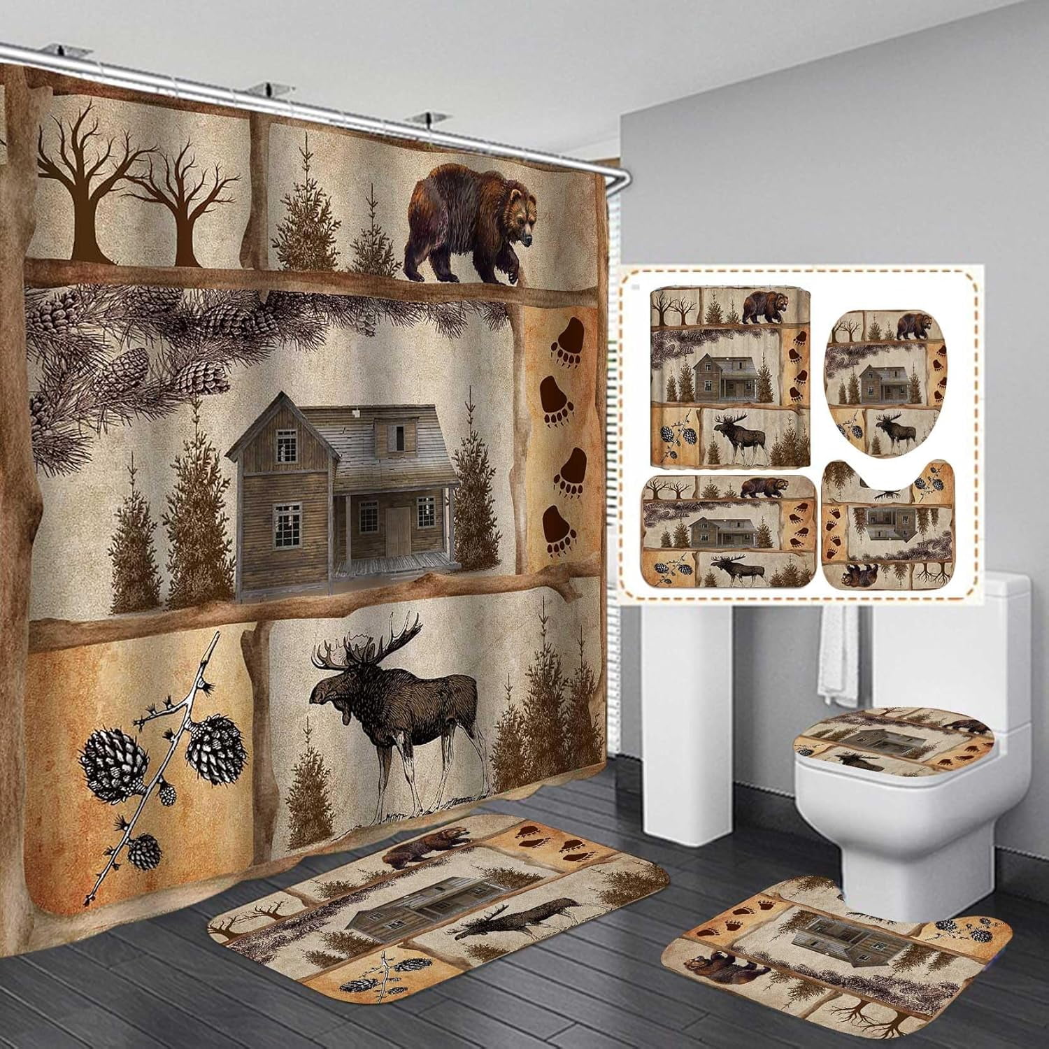 Jayden Madge 4PCS Black Bear Shower Curtain Set, Country Mountain River ...