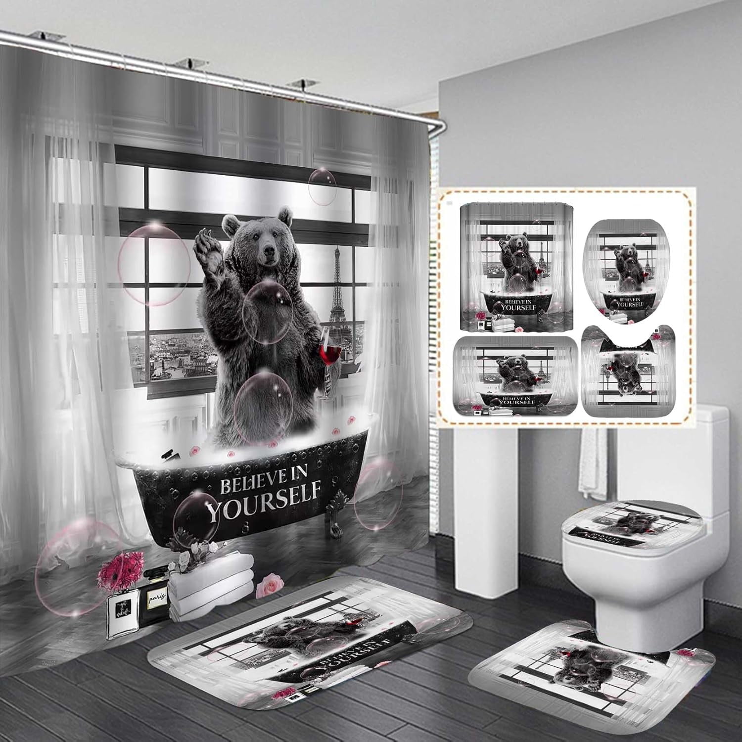Jayden Madge 4PCS Black Bear Shower Curtain Set, Country Mountain River ...