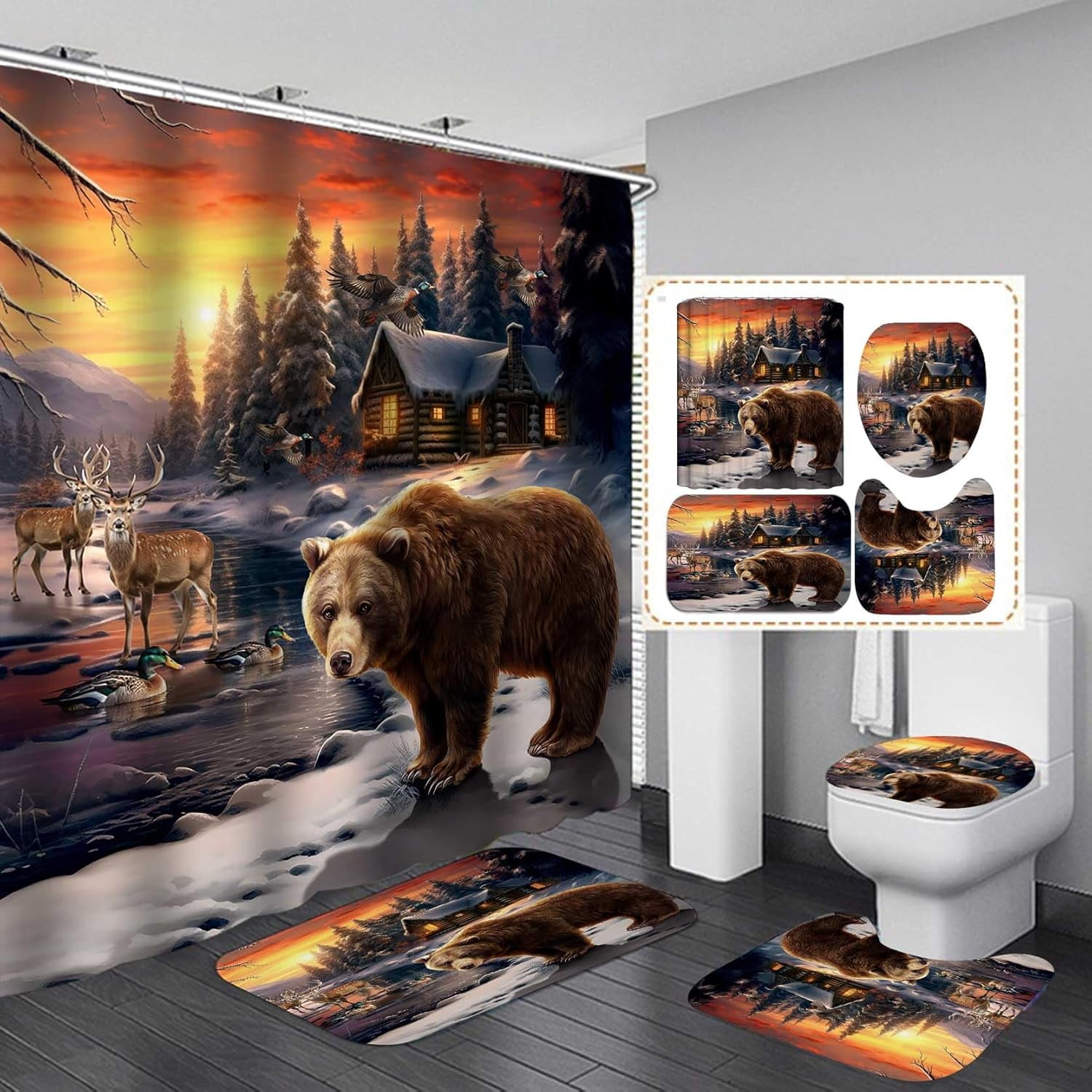 Jayden Madge 4PCS Black Bear Shower Curtain Set, Country Mountain River ...
