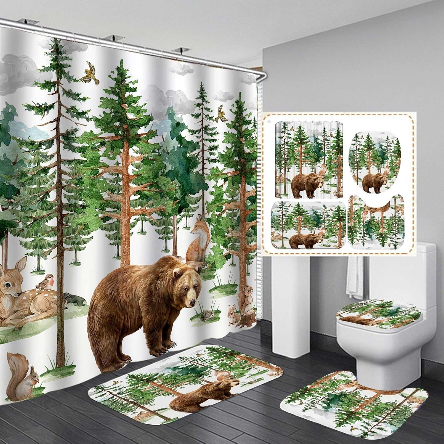 4PCS Deer Shower Curtain Set, Country Mountain Pine Tree Foggy Woodland ...