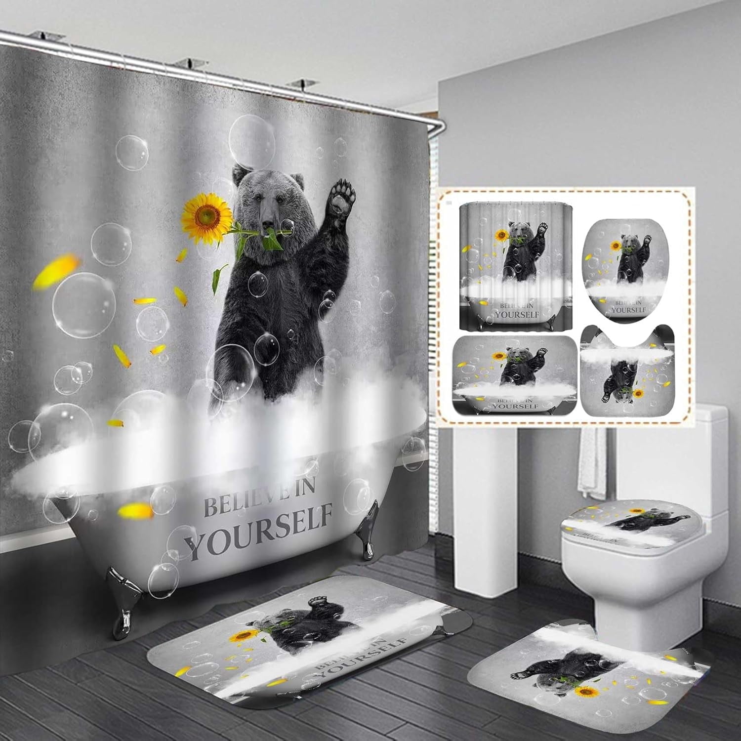 Jayden Madge 4PCS Black Bear Shower Curtain Set, Country Mountain River ...