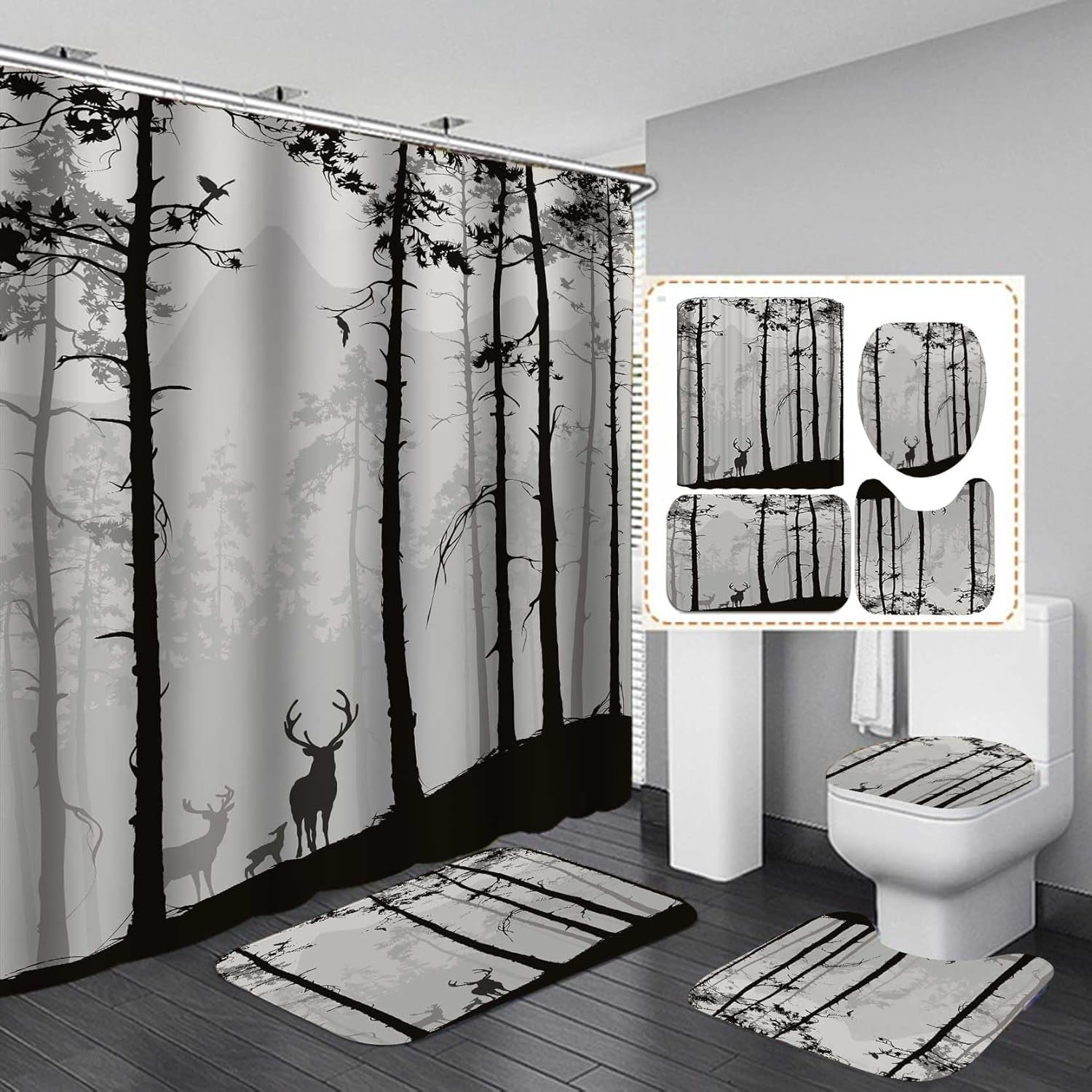 Jayden Madge 4PCS Black Bear Shower Curtain Set, Country Mountain River ...