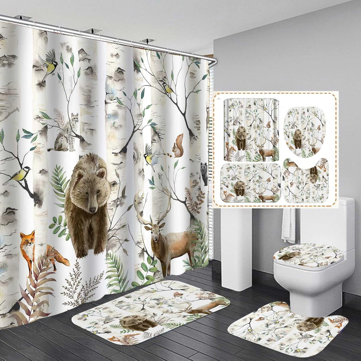 Jayden Madge 4PCS Black Bear Shower Curtain Set, Vintage Country Pine ...