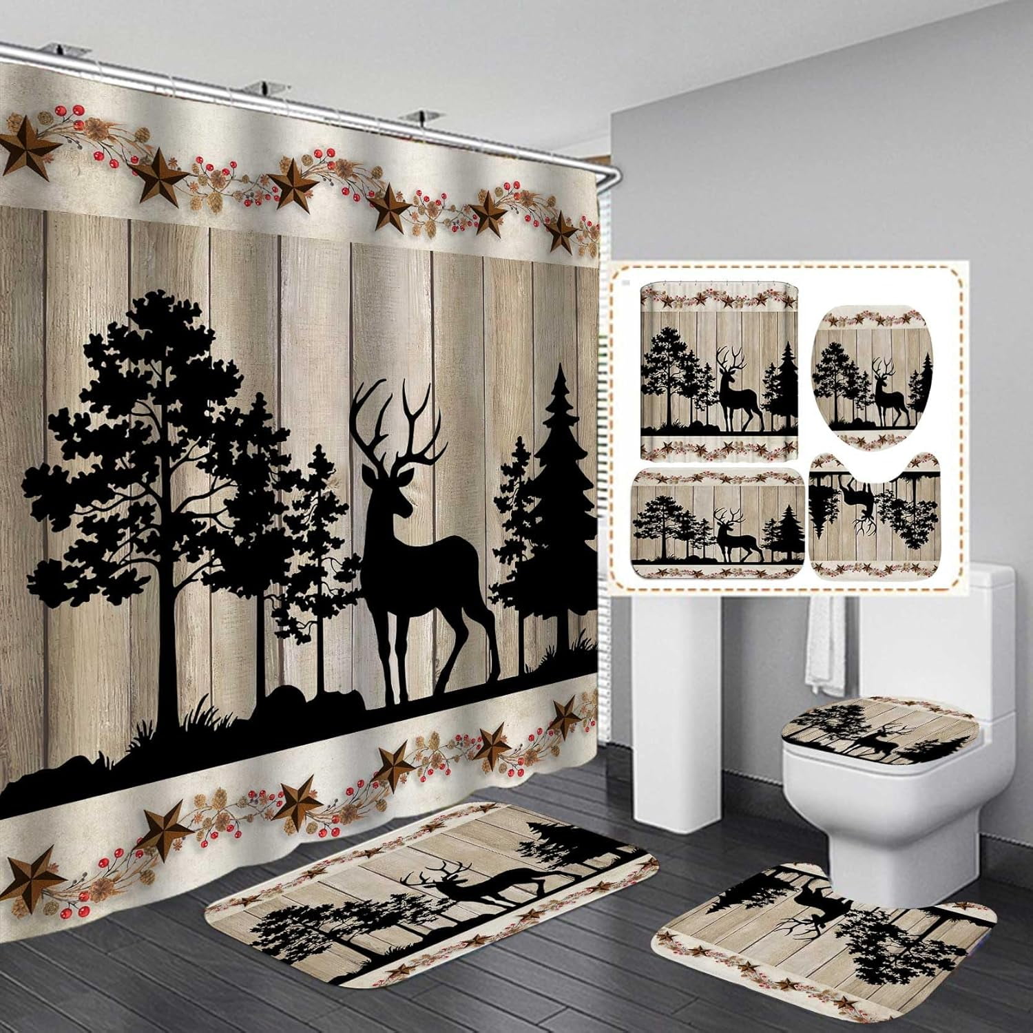 Jayden Madge 4PCS Black Bear Shower Curtain Set, Vintage Country Pine ...