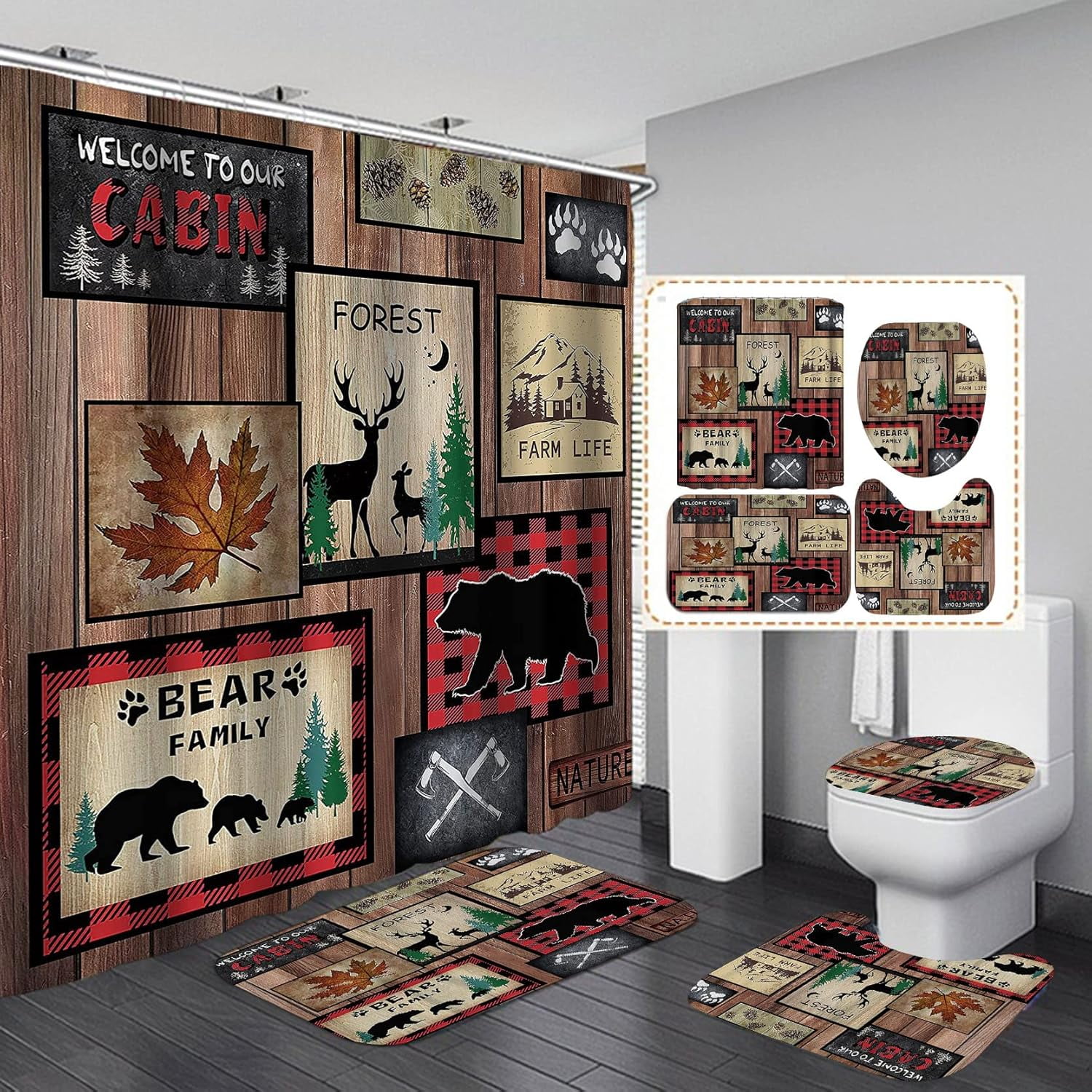 Jayden Madge 4PCS Black Bear Shower Curtain Set, Vintage Country Pine Tree Woodland Paw Print ...