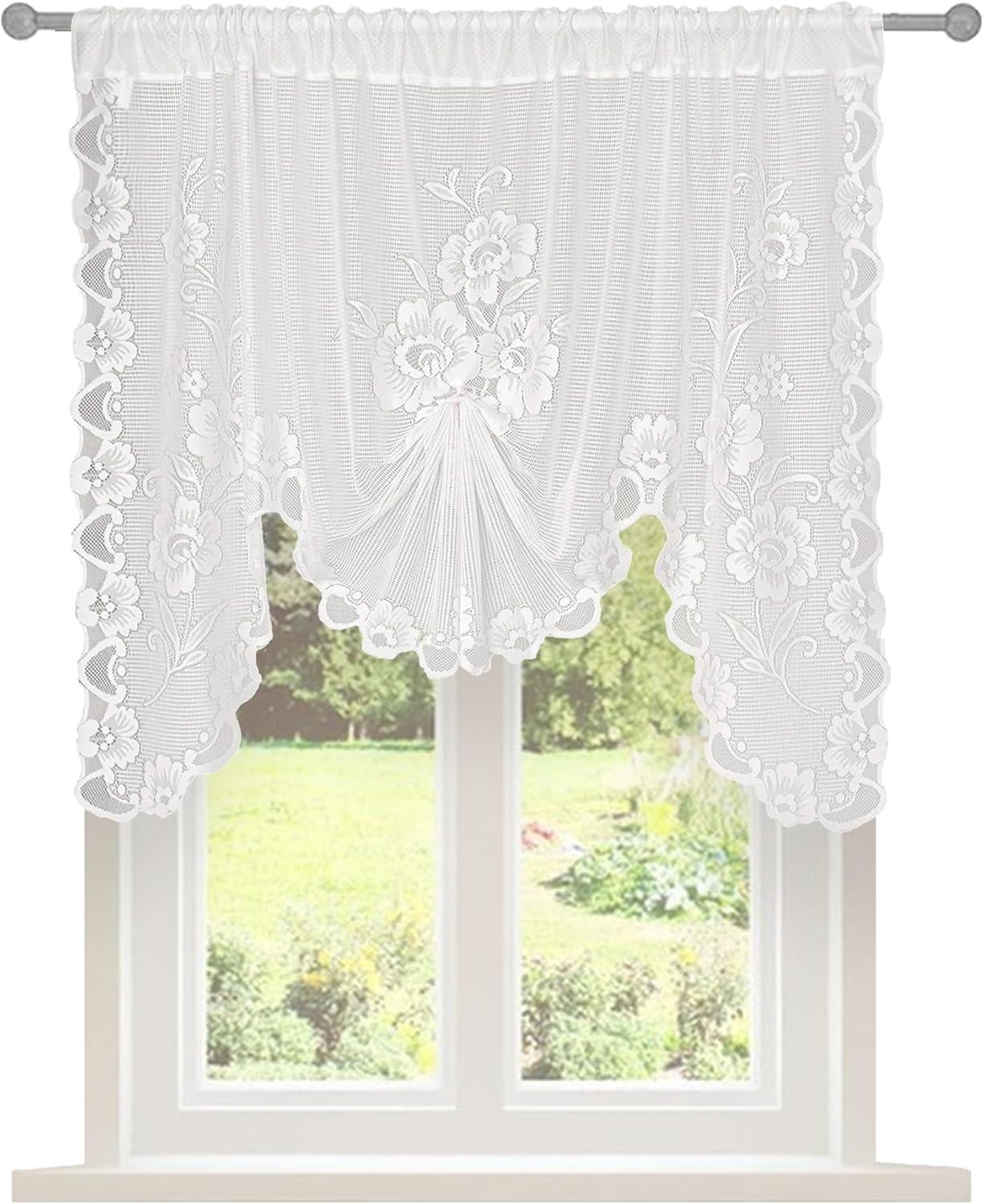 Jayla White Semi-Sheer Floral Lace Curtain Swag for Kitchen Half Window ...