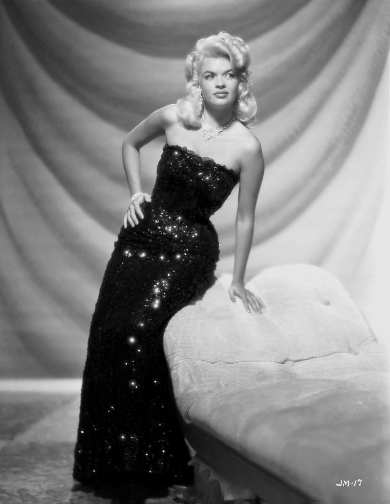 Jayne Mansfield Posed and sitting on the Couch in Black Sequin Silk ...
