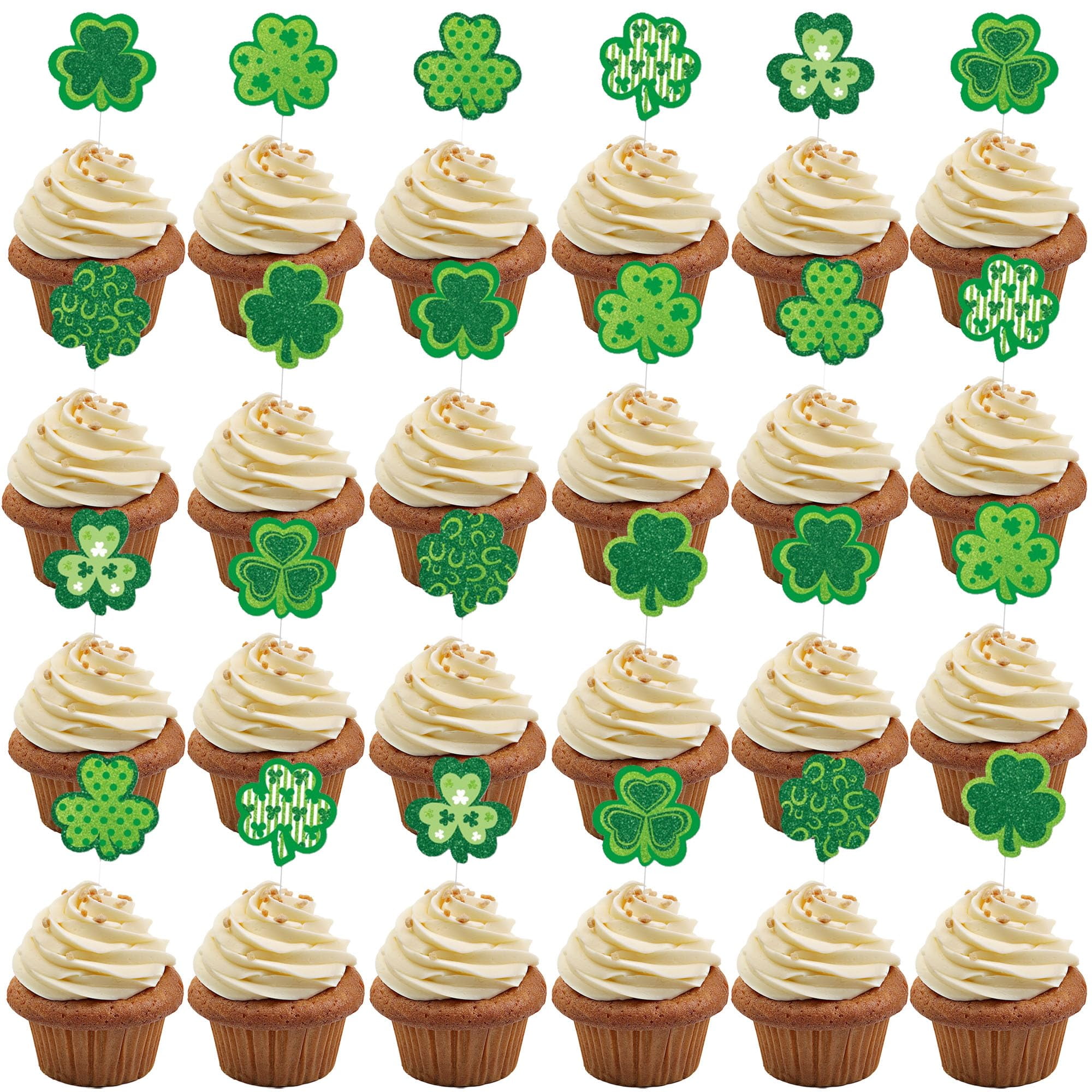 JazSwirl St Patricks Day Cupcake Toppers, 24-Pcs H2FSDGreen Shamrock ...