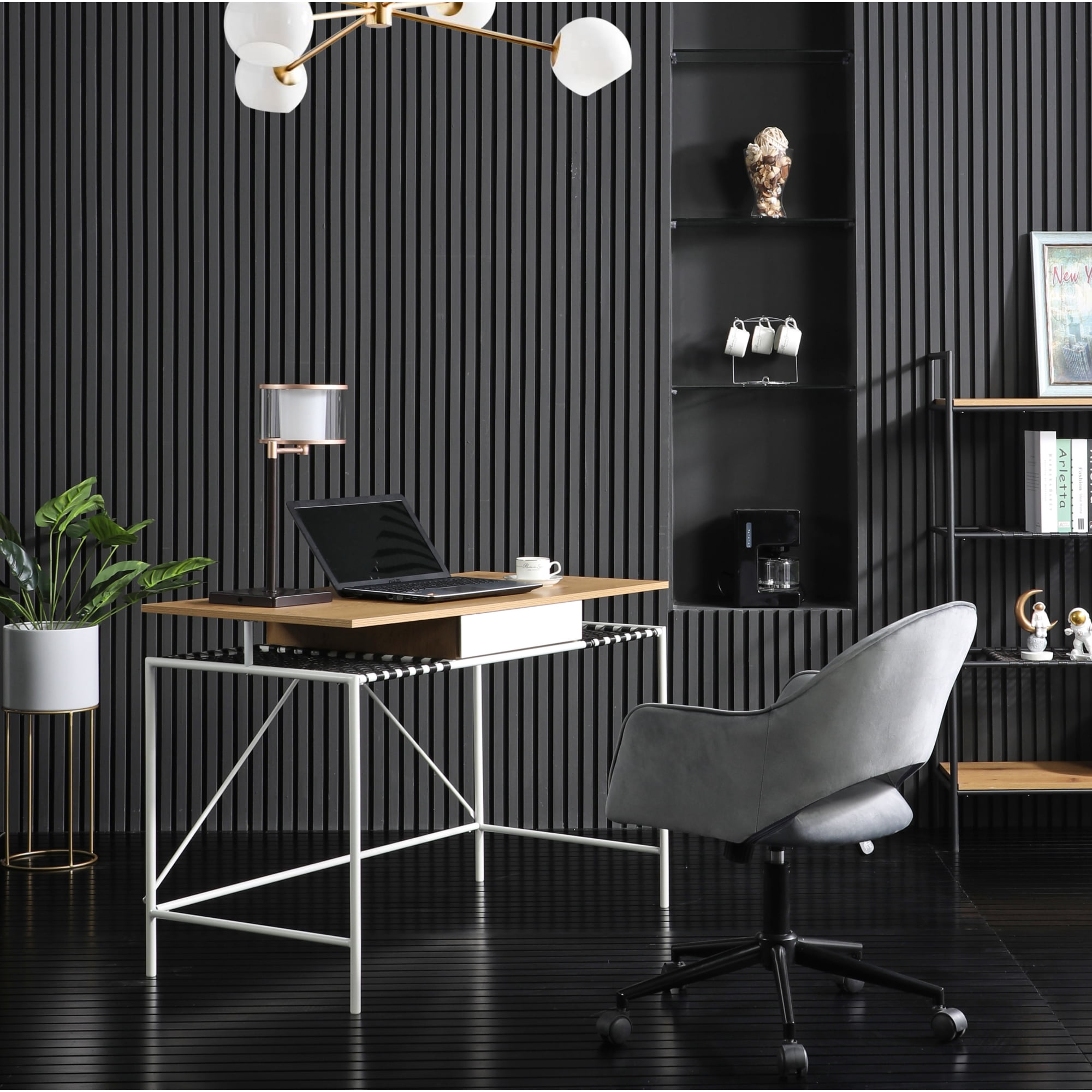 Jazlynn Rectangular MDF Desk with 1 Drawer and Shelves, Natural/White ...