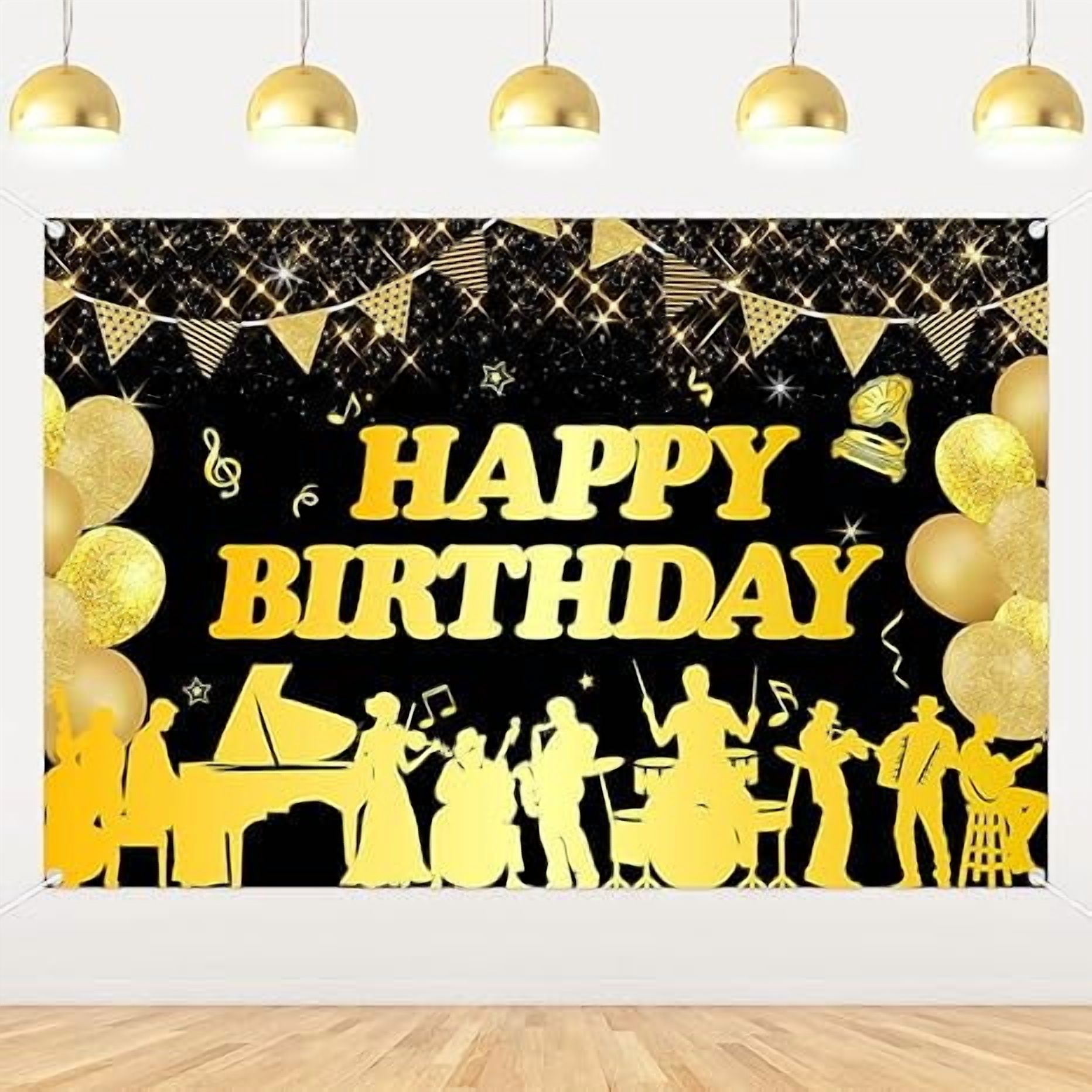 Jazz Band Party Decorations Backdrop Golden Glitter Band Happy Birthday ...