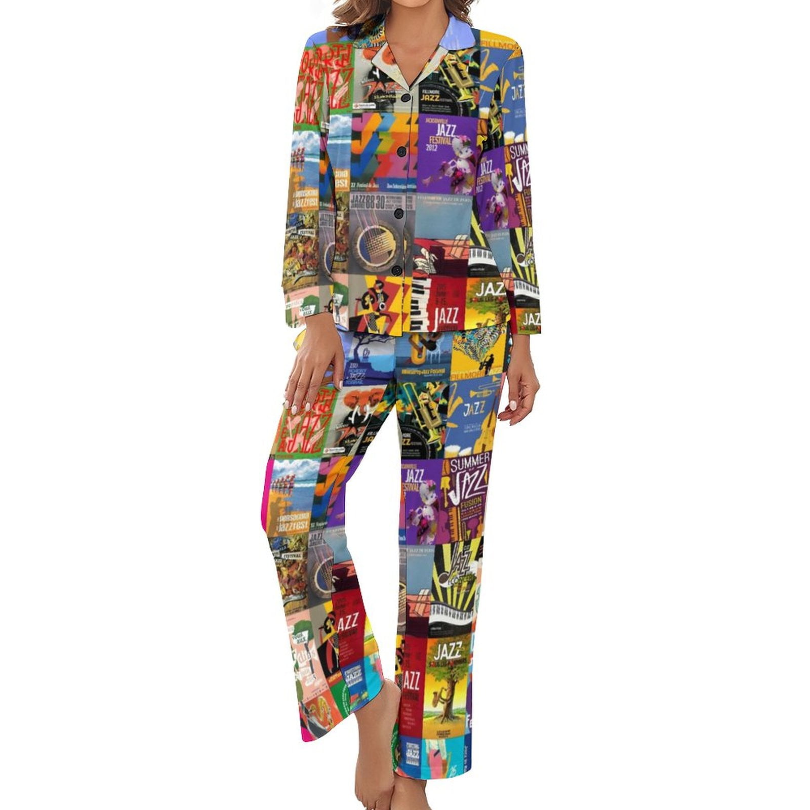 Jazz Festivals Print Pajamas Long-Sleeve Music Design Two Piece ...