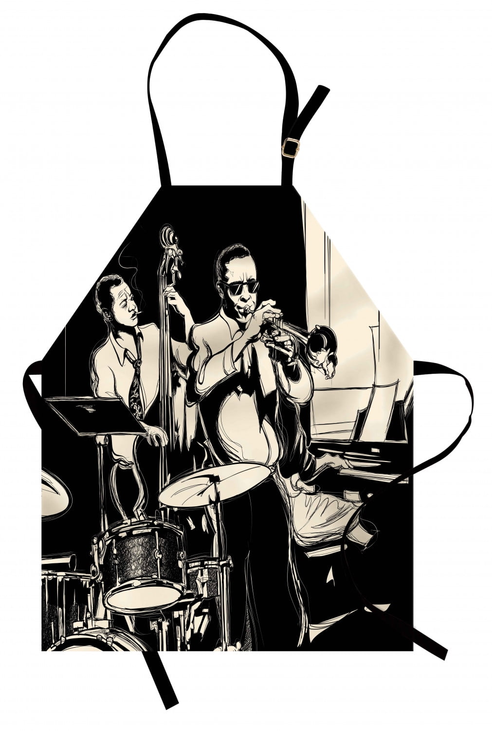 Jazz Music Apron, Nostalgic Theme Band with Double Bass Trumpet Piano ...