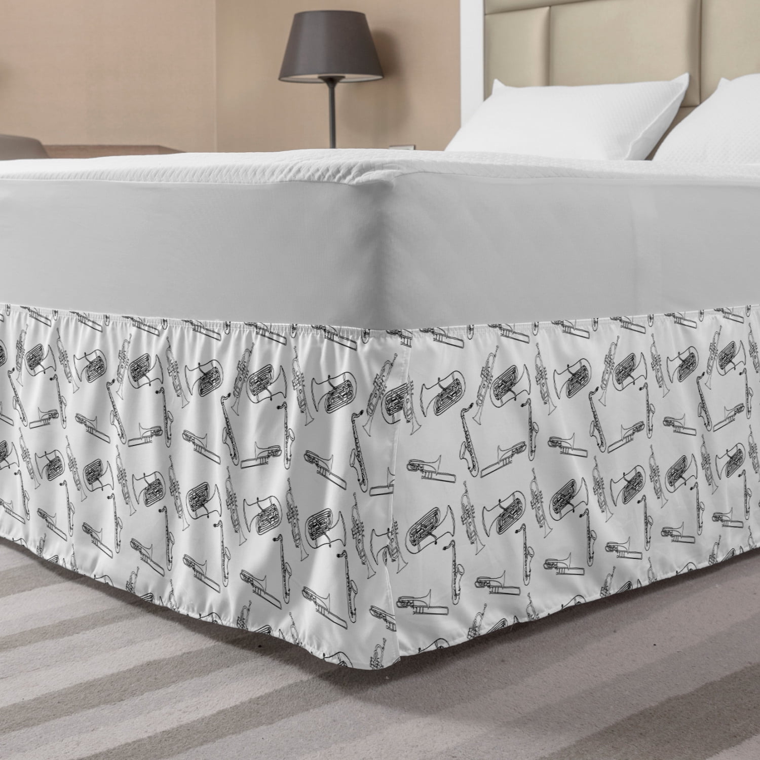 Jazz Music Bed Skirt, Monochrome Hand Drawing Style Trombone Trumpet ...