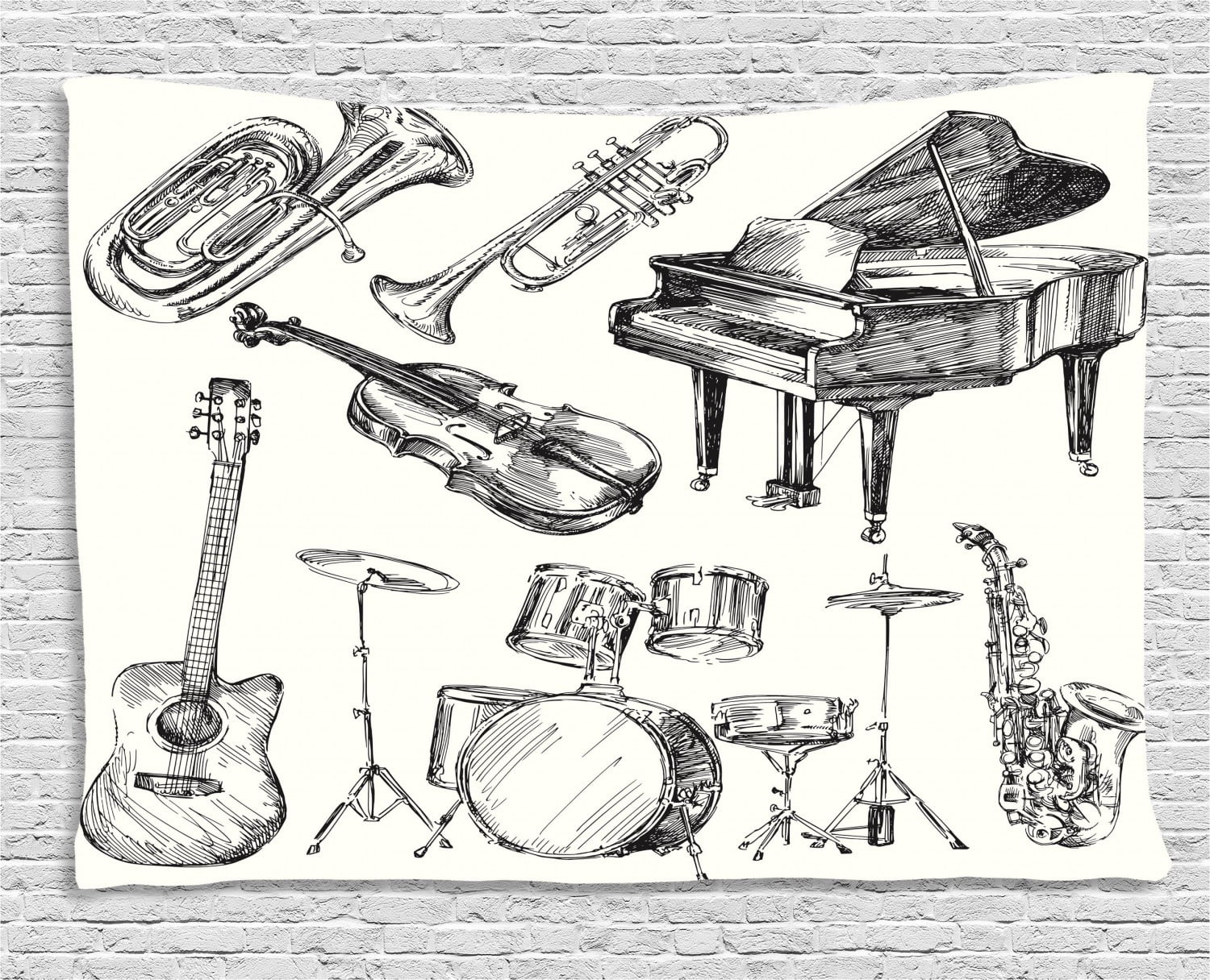 Jazz Music Decor Tapestry, Musical Instruments Sketch Style Art with ...