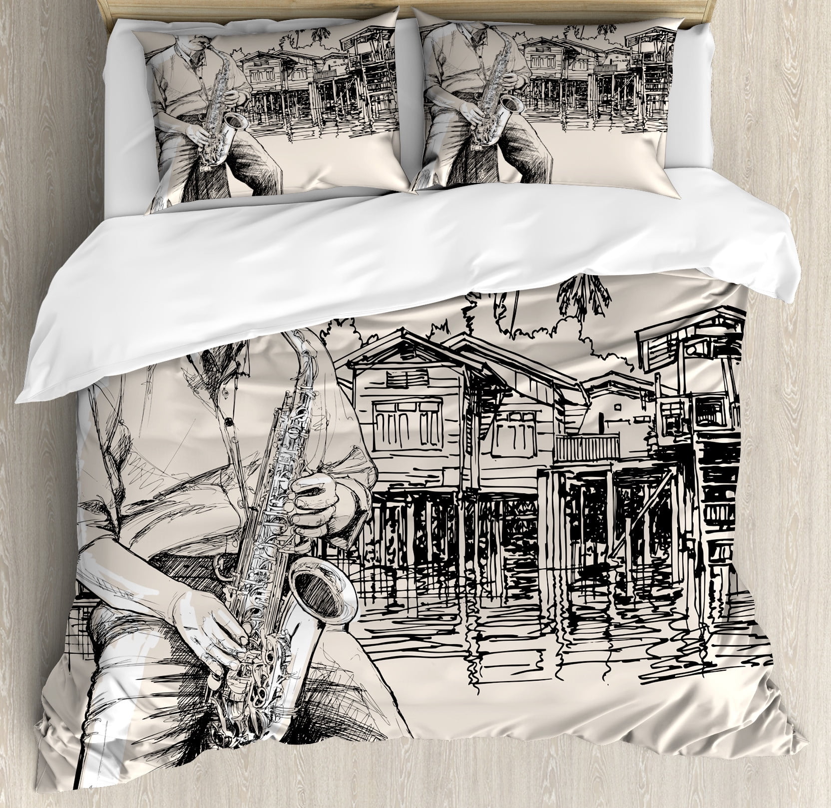 Jazz Music Duvet Cover Set, Art of Saxophonist Playing at River Bank ...