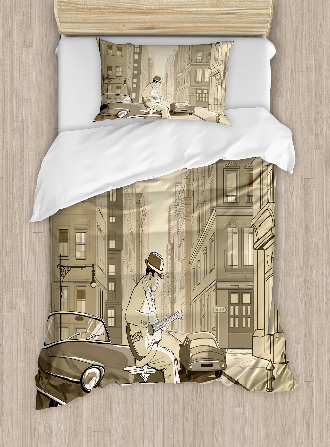 Jazz Music Duvet Cover Set, Illustration of a Guitarist in an Old ...