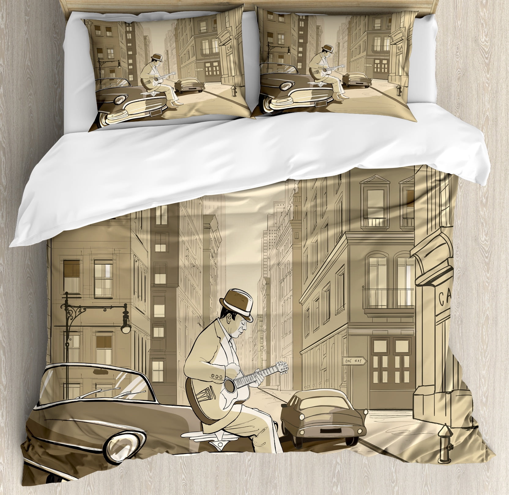 Jazz Music Duvet Cover Set, Illustration of a Guitarist in an Old ...