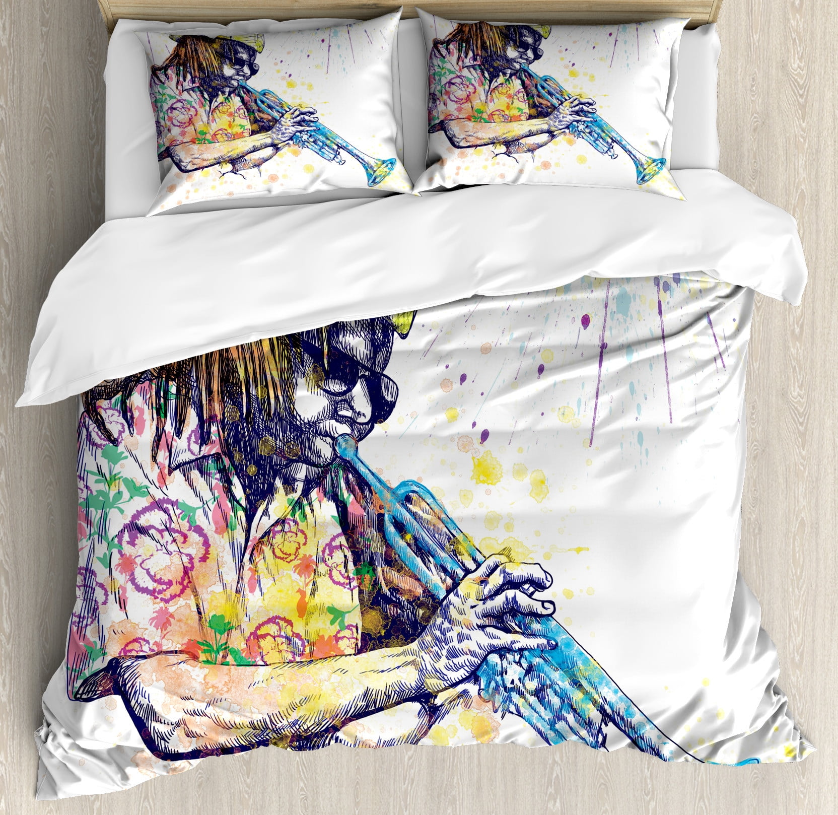 Jazz Music Duvet Cover Set, Illustration of Trumpeter with Paint ...