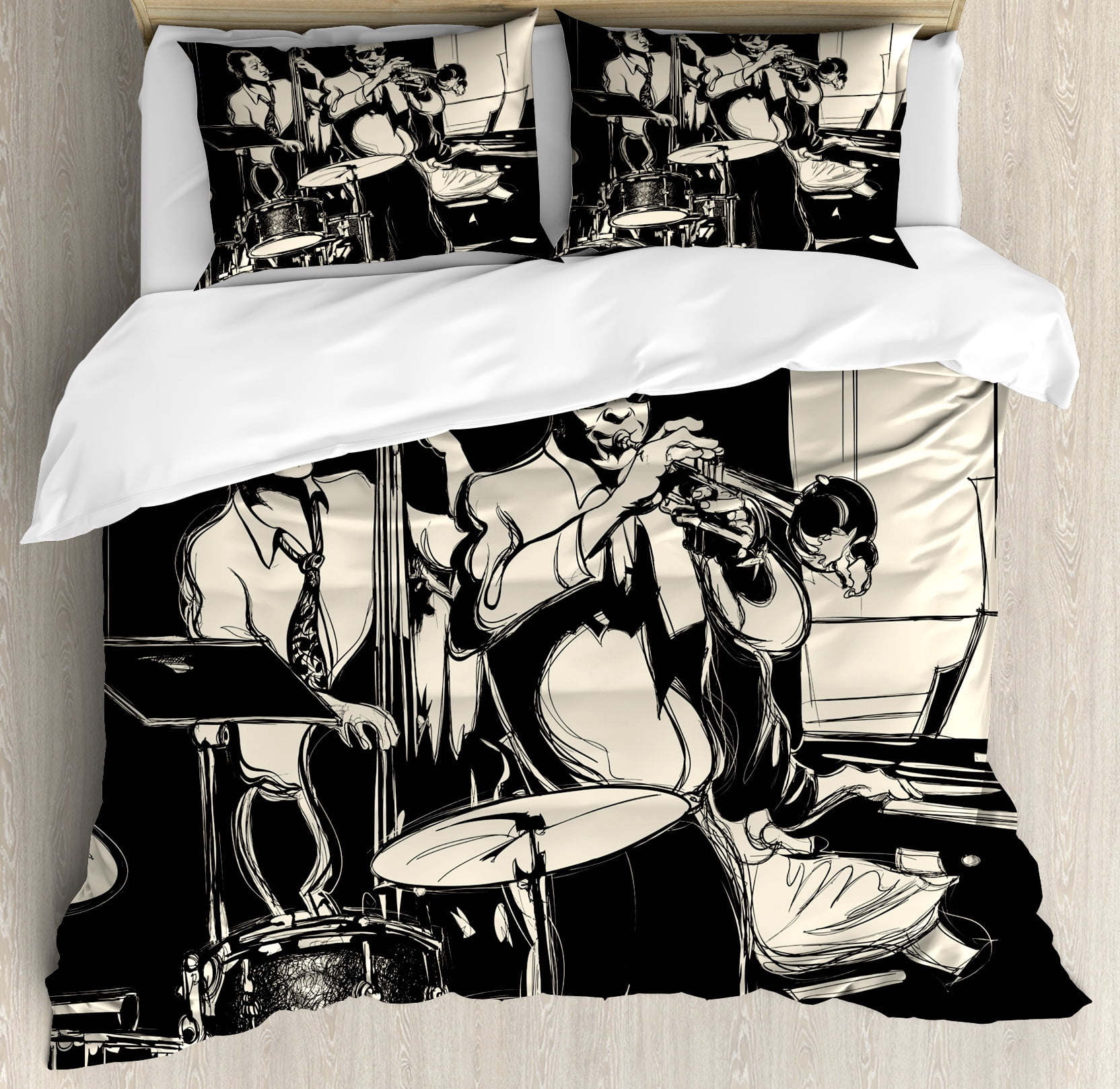 Jazz Music Duvet Cover Set, Nostalgic Theme Band with Double Bass ...