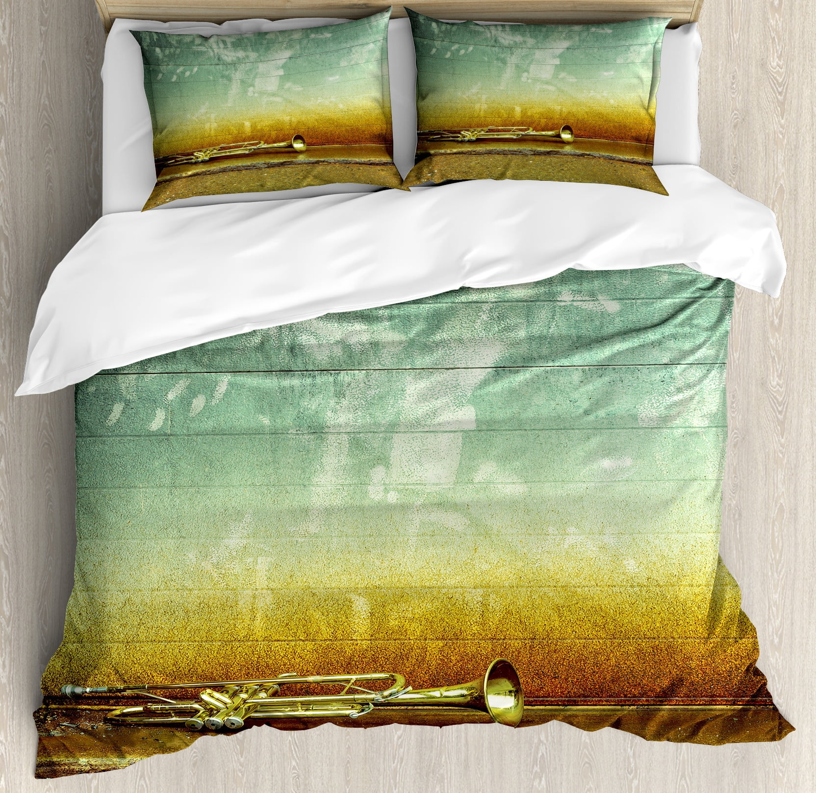 Jazz Music Duvet Cover Set, Old Worn Trumpet Stands Alone Against a ...