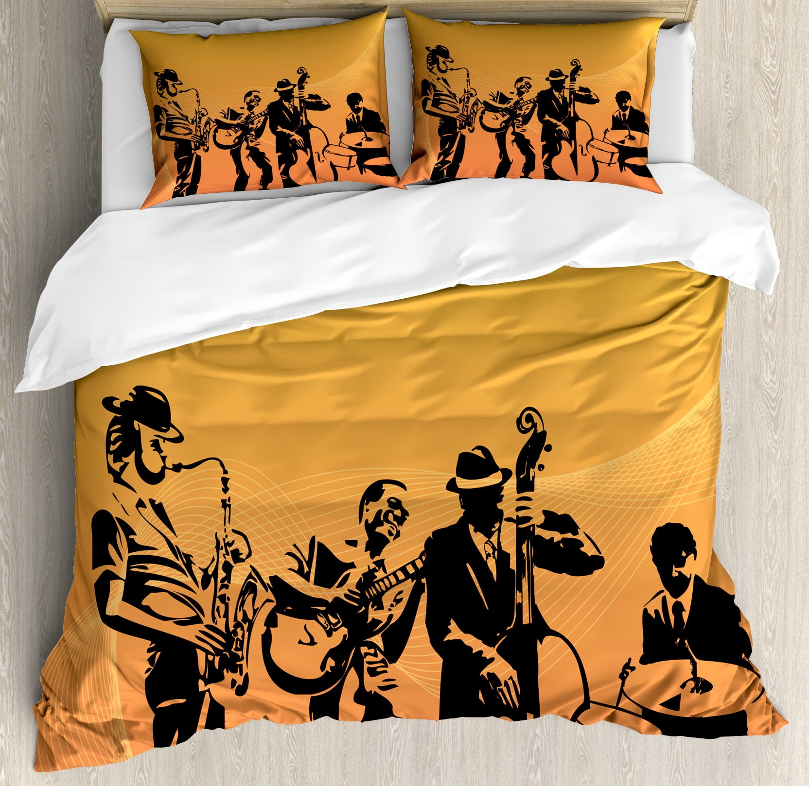 Jazz Music Duvet Cover Set, Silhouette of Jazz Quartet Performing on ...