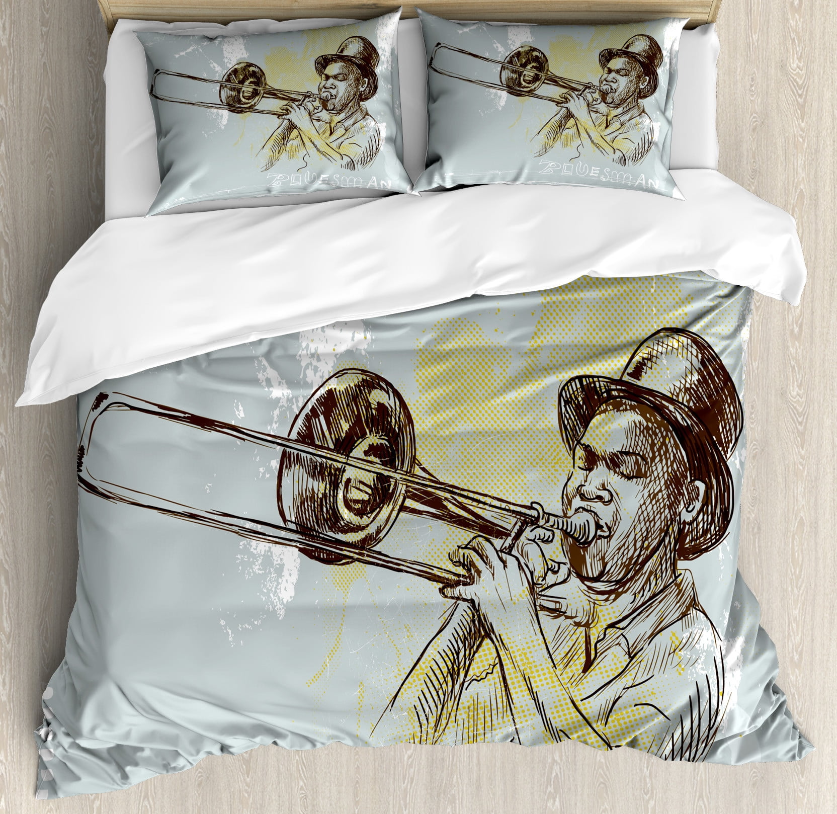 Jazz Music Duvet Cover Set, Trumpet Player Illustration Rock and Roll ...