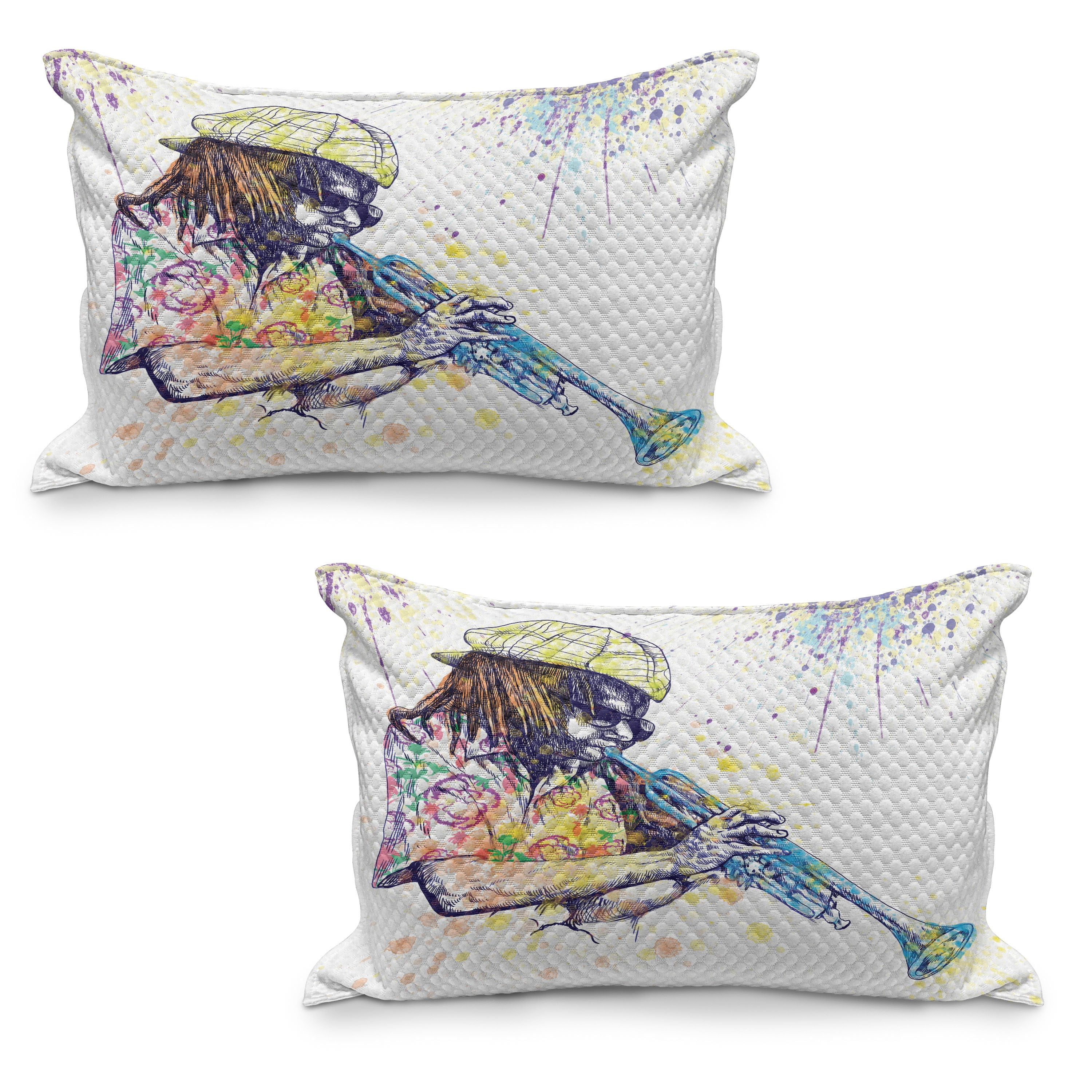 Jazz Music Quilted Pillowcover Set of 2, Illustration of Trumpeter with ...