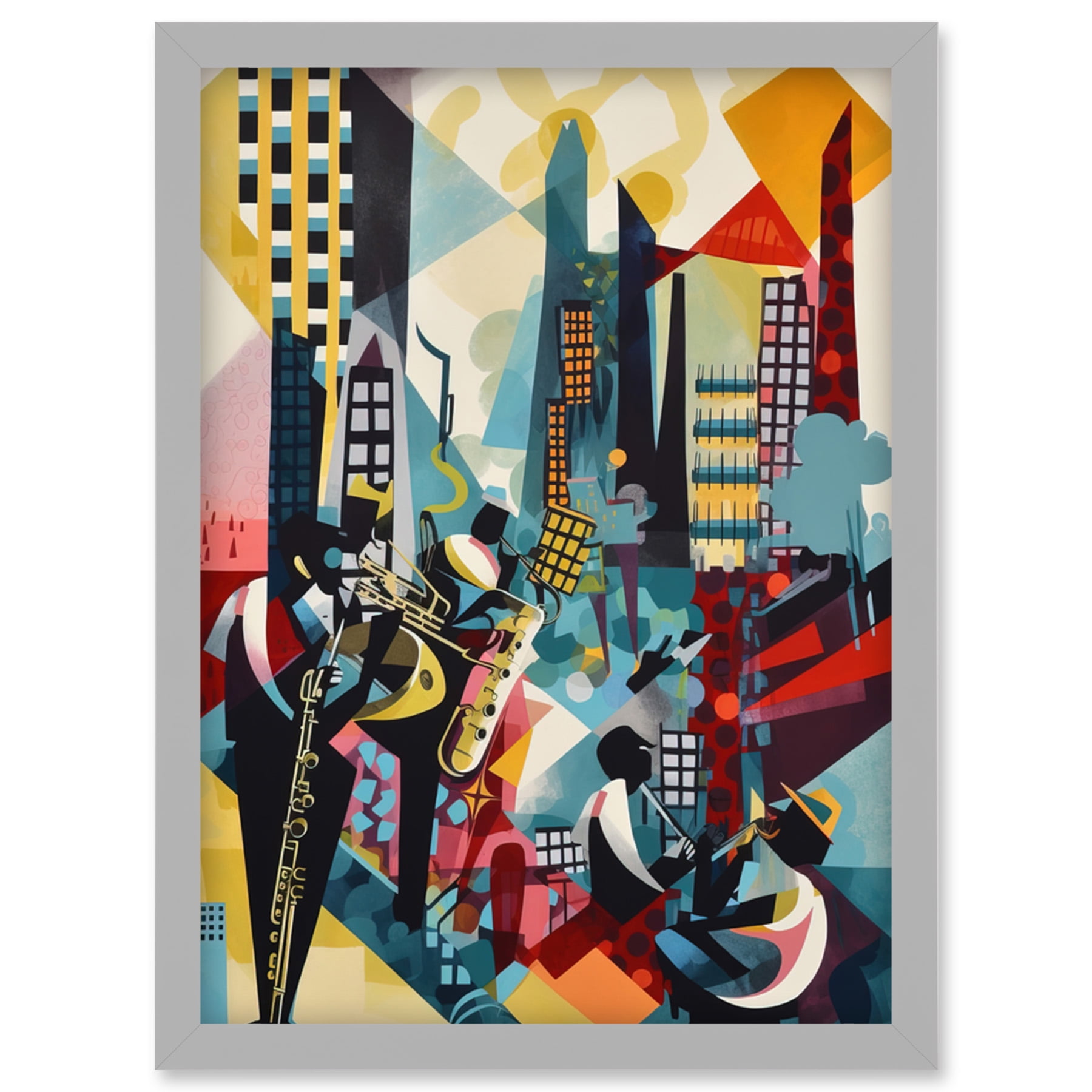 Jazz Musicians Playing on an Urban Landscape Rooftop Abstract Modern ...
