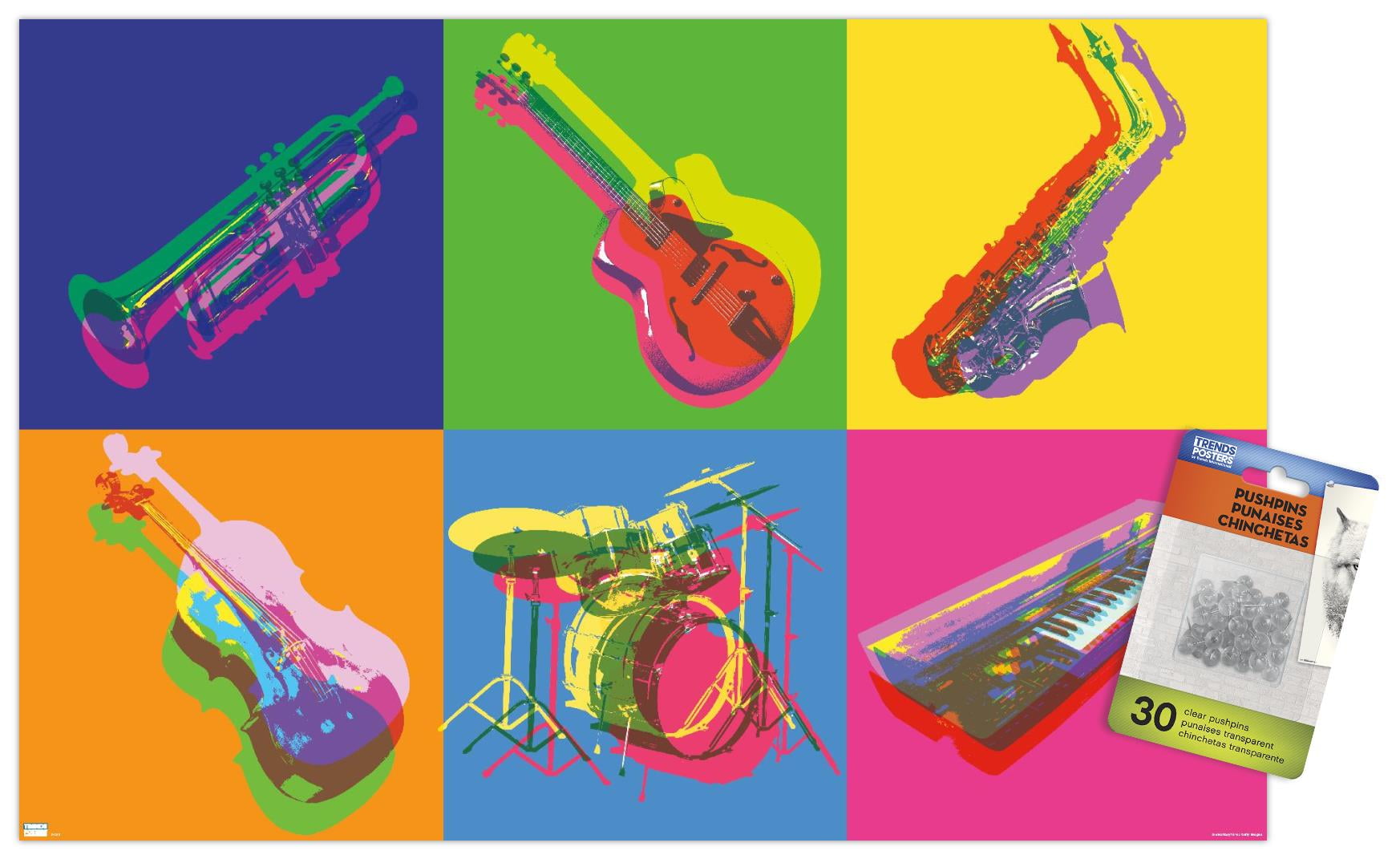 Jazz - Pop Art Instruments Wall Poster with Push Pins, 14.725" x 22.375 ...