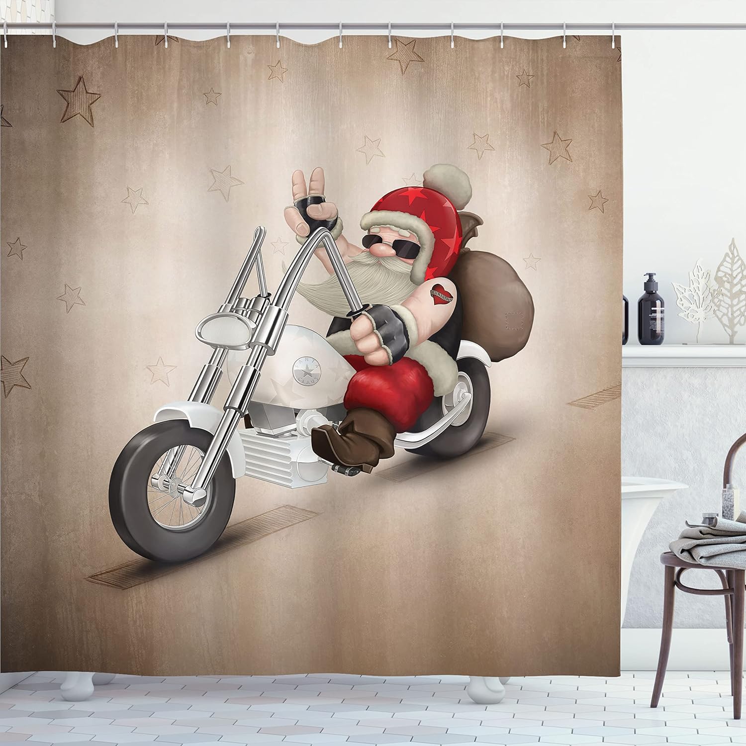 Jbralid Christmas Shower Curtain, Rock Grunge Santa with Heart Tattoo ...