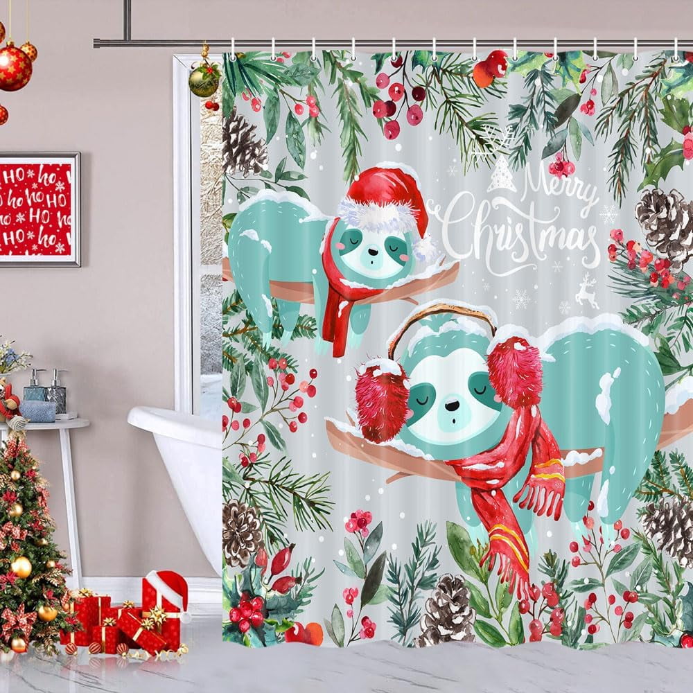 Jbralid Funny Sloth Christmas Shower Curtain Cute Sloth with Santa Hat ...