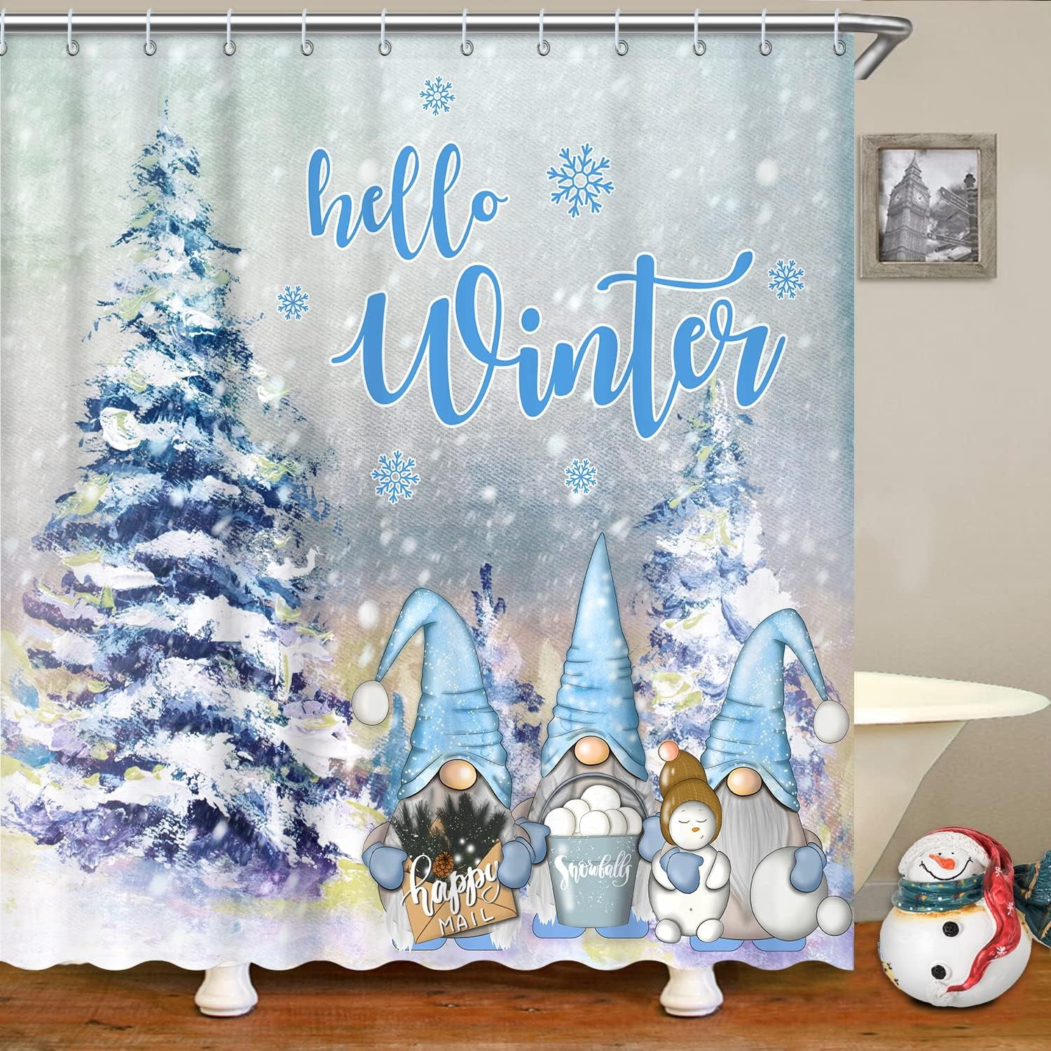Jbralid Merry Christmas Hello Winter Blue Gnomes Shower Curtain Winter ...