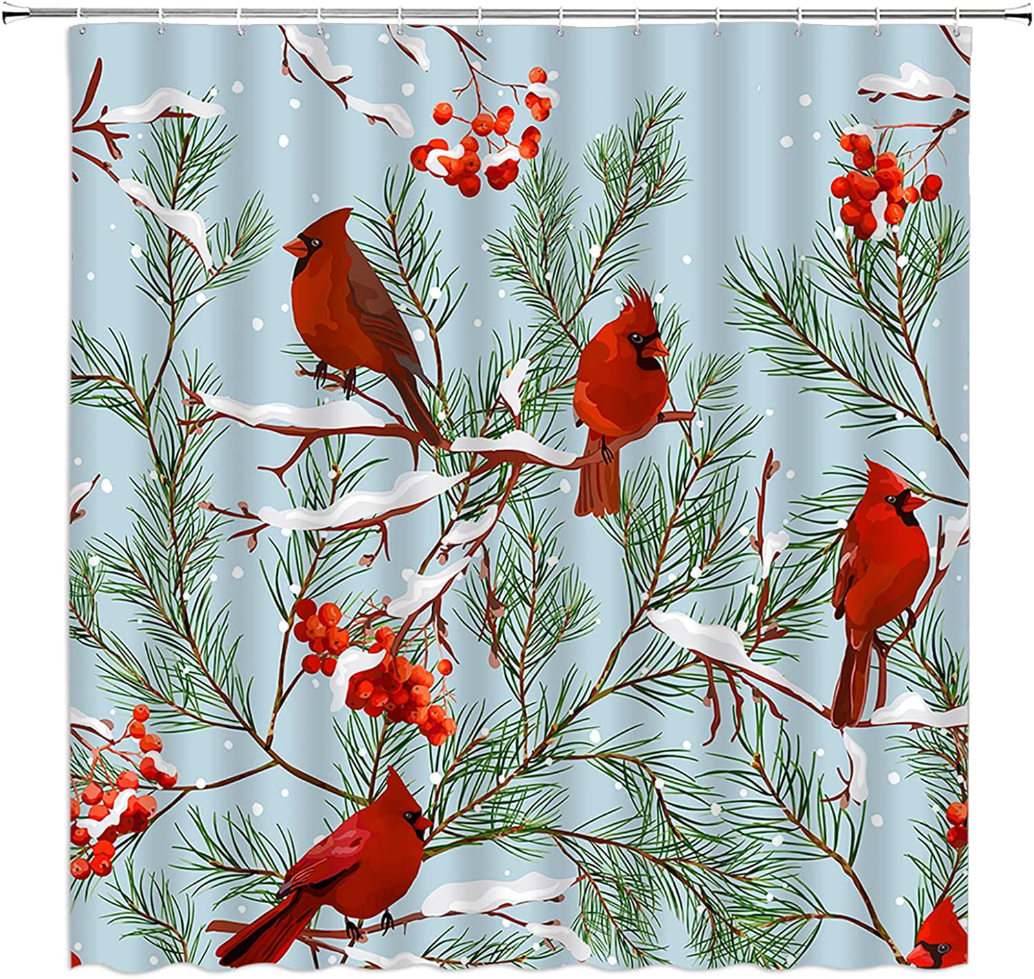 Jbralid Merry Christmas Shower Curtain Cardinals Xmas Tree Branch Snowflake Winter Holiday Berry ...