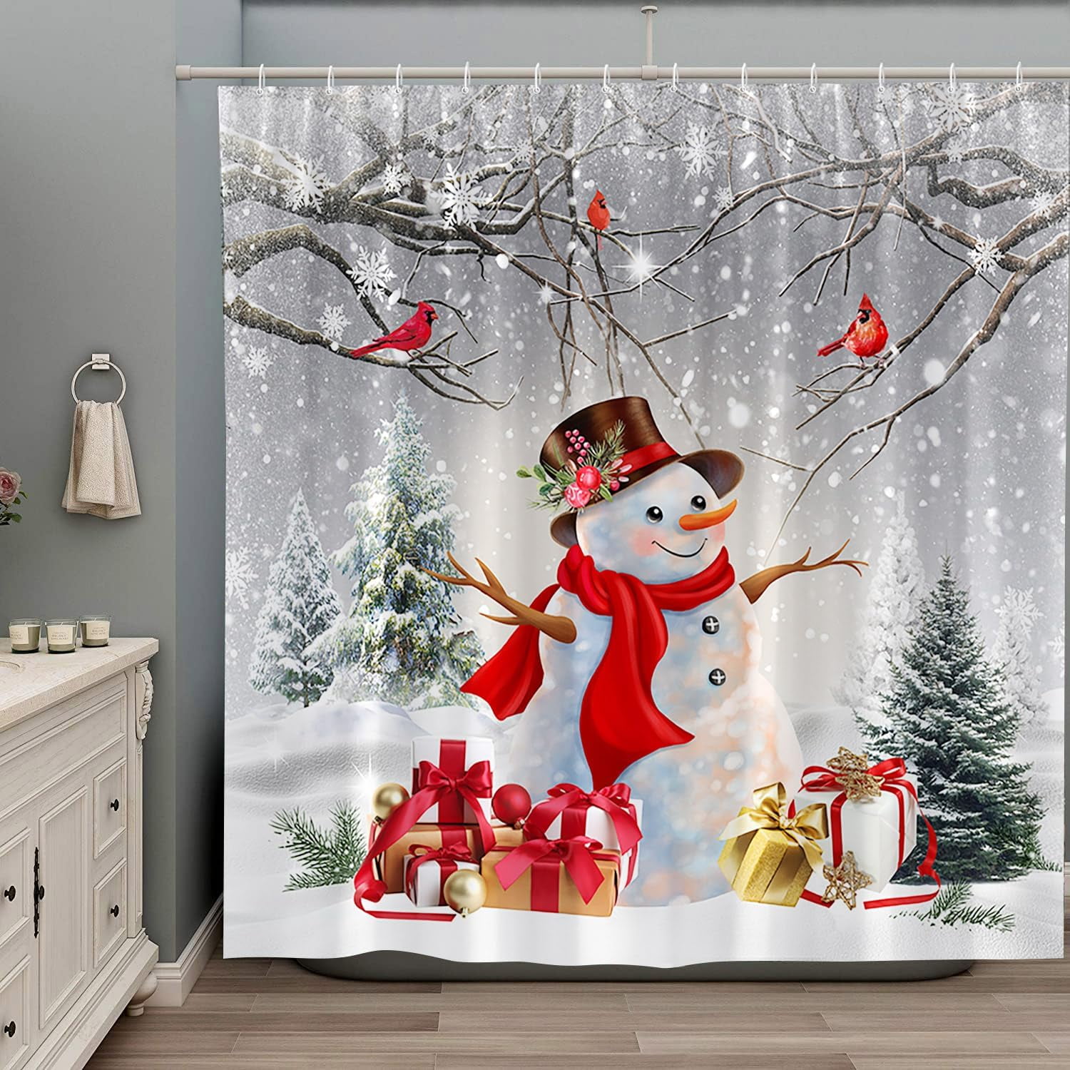 Jbralid Merry Christmas Winter Snowman Shower Curtain Red Bird ...