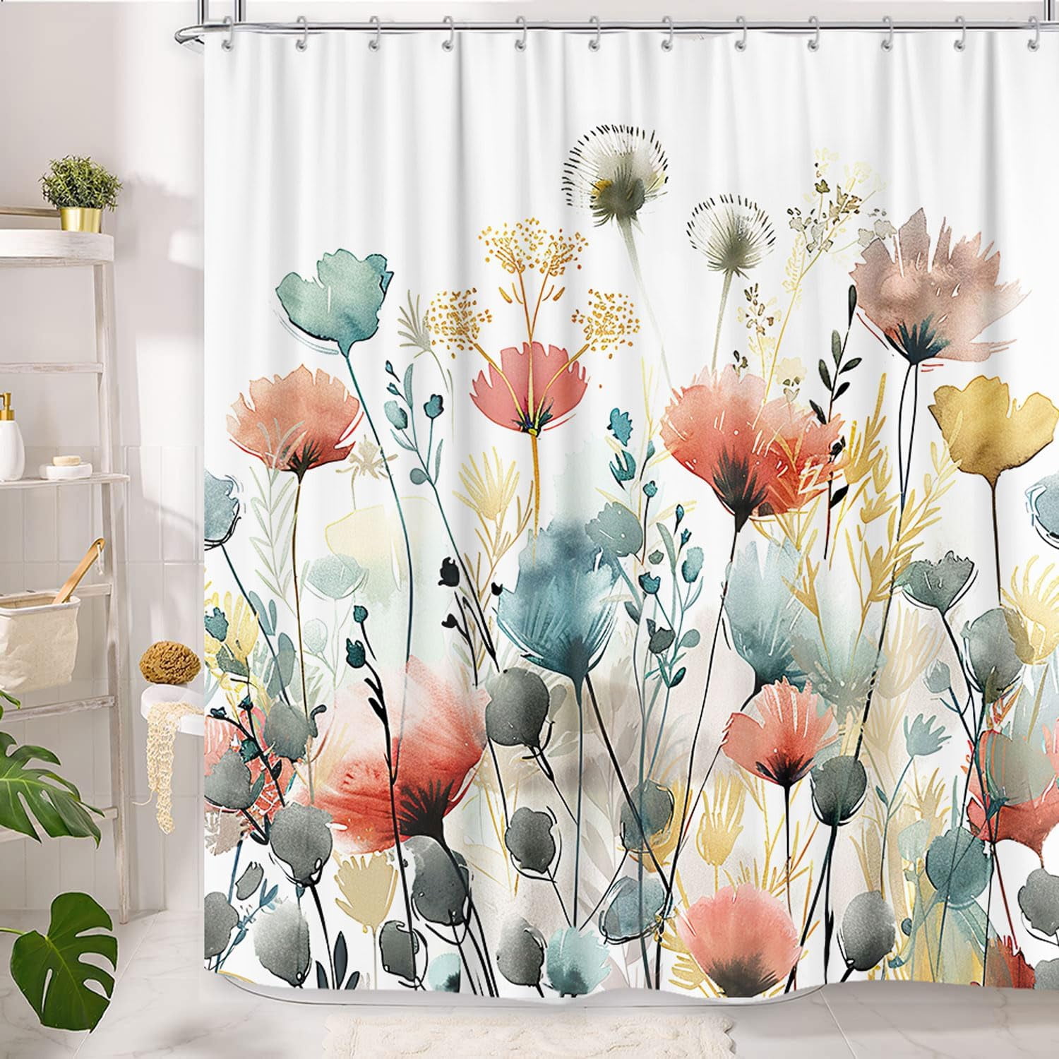 Jbralid Rustic Boho Floral Shower Curtain, Bright Colorful Watercolor ...