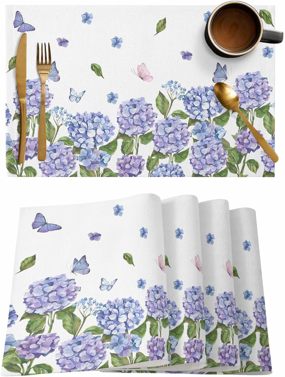 Jbralid Spring Hydrangea Floral Butterfly Placemats Set of 4, Heat ...