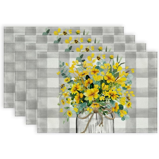 Jbralid Summer Placemats 12x18 Inches Set of 4, Flower Bee Eucalyptus ...
