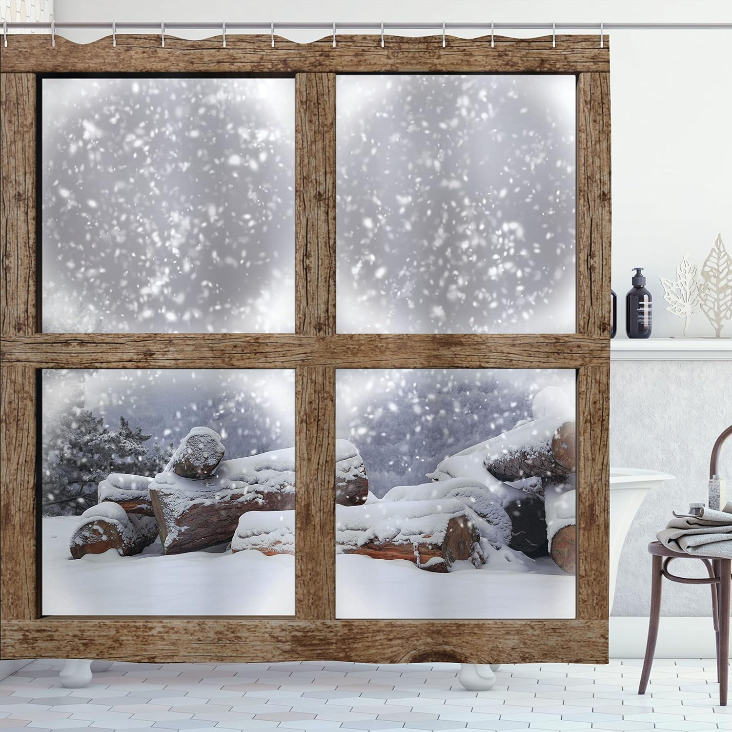 Jbralid Winter Shower Curtain, Rustic Snowy Frame Window View Print ...