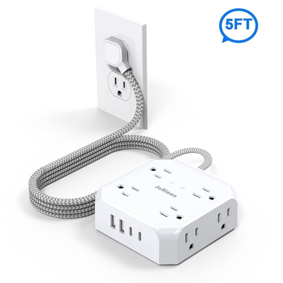 JcBlaon QC860-CU Surge Protector, 8 Outlets, 2 USB C Ports, 5ft White ...